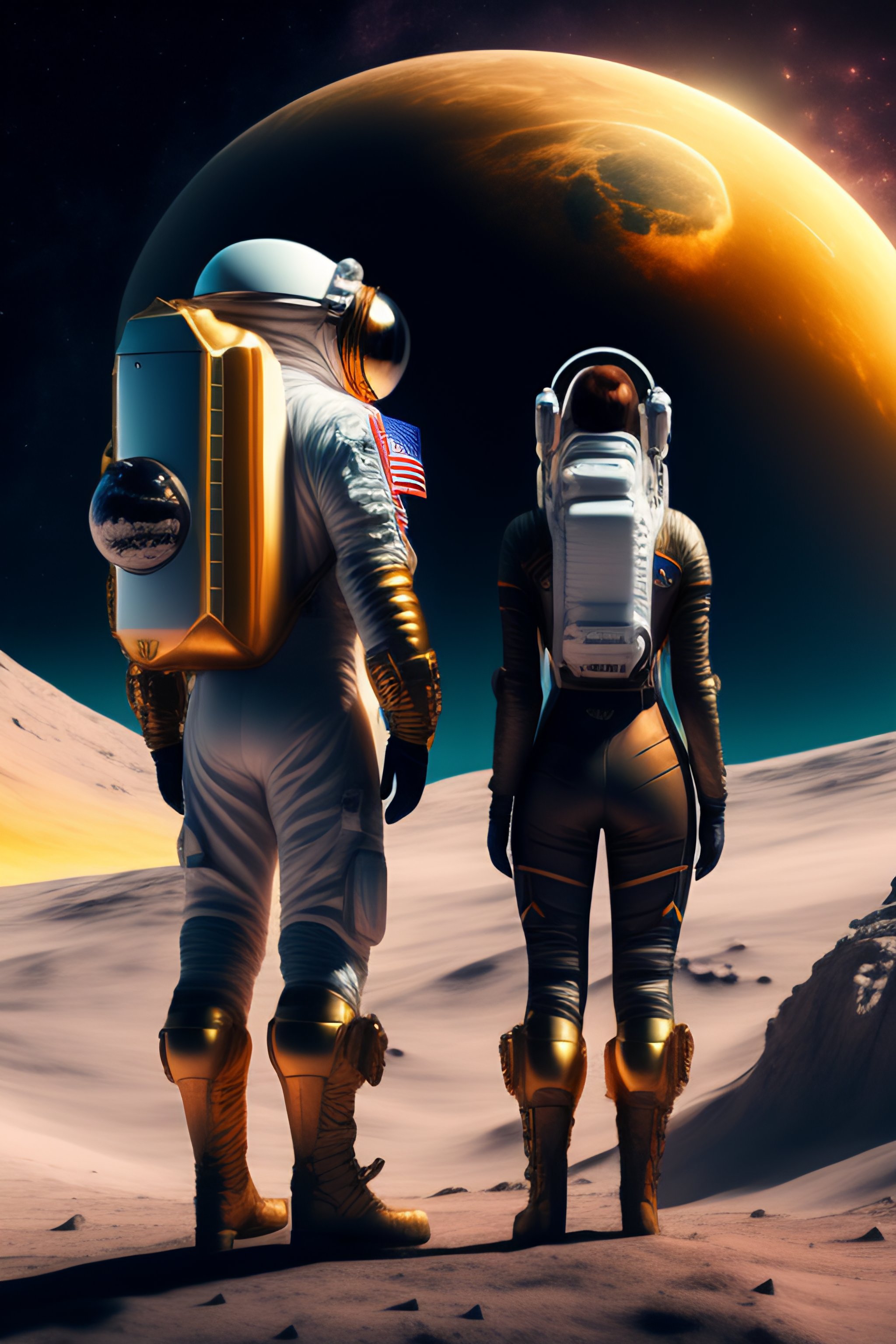 Lexica - 3D render of a steampunk astronaut man and woman on moon ...