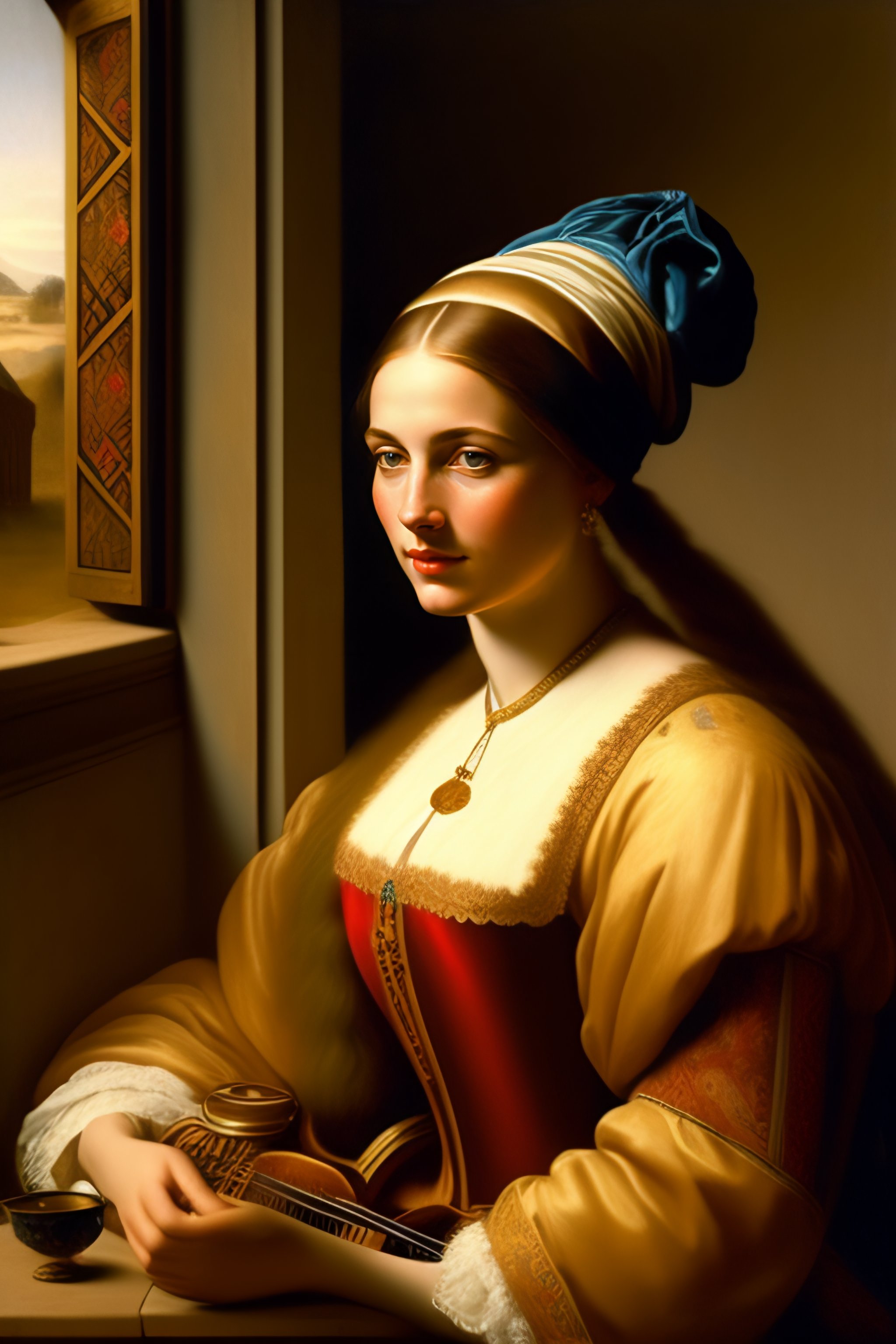 Lexica - Young lady playing lute, blond hair, window on her right ...