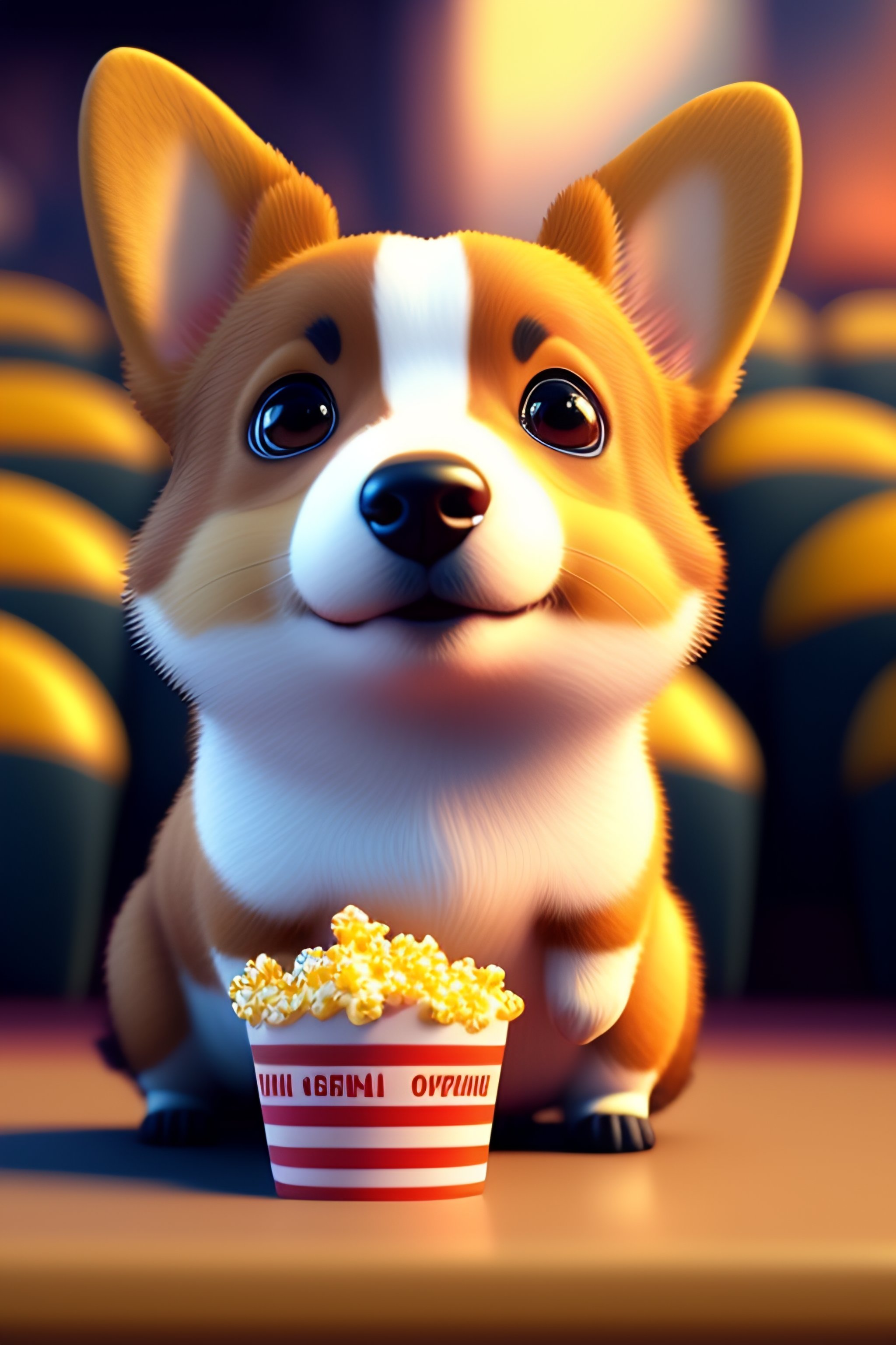 Lexica - Cute small humanoid corgi sitting in a movie theater eating ...