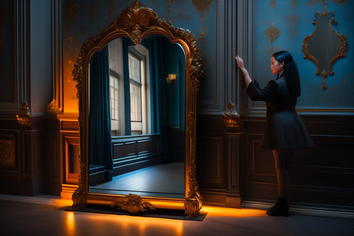 Lexica - An ornate, full-length mirror in a dimly lit room. The ...