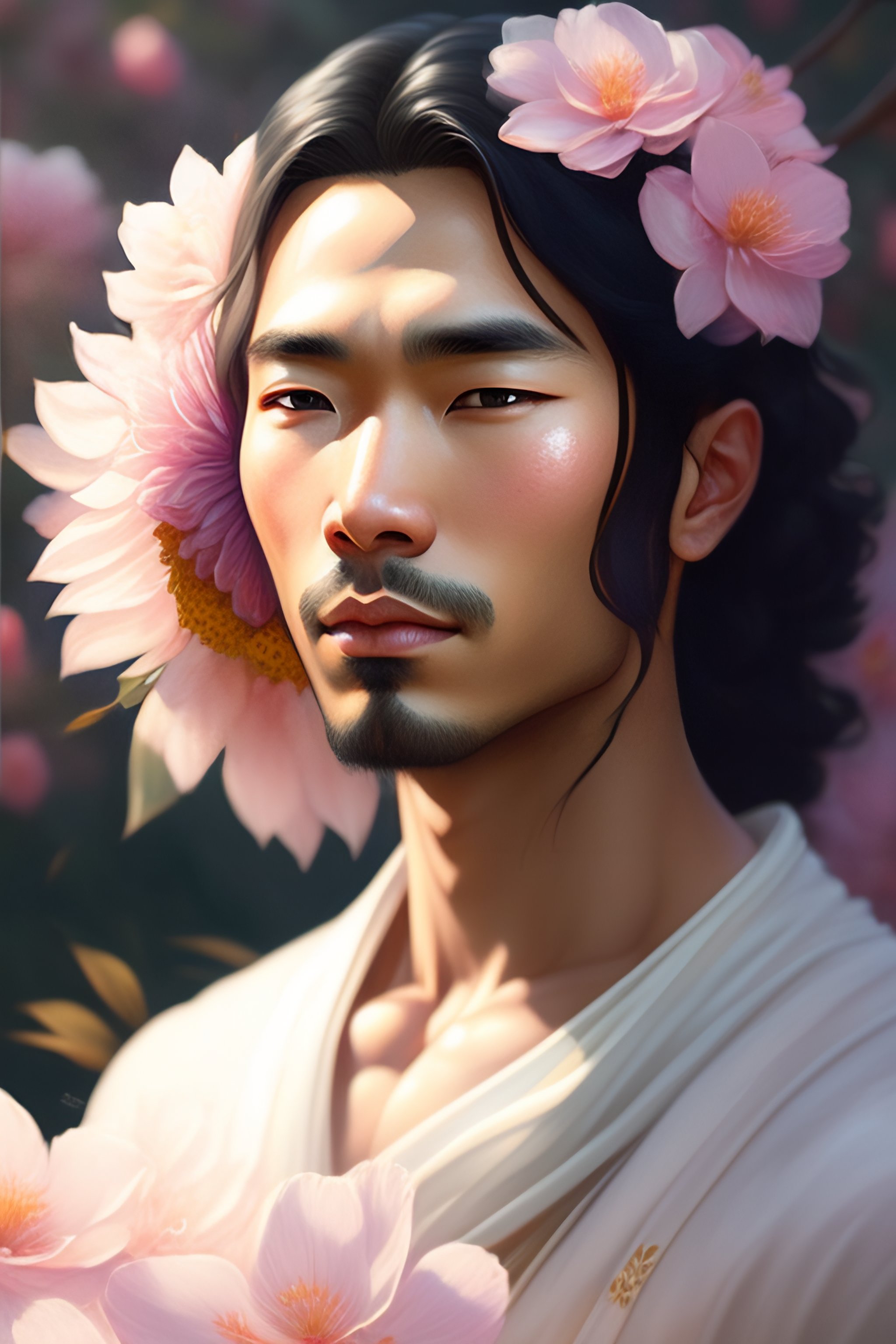 Lexica - Mixed race white Asian man,male, medium length hair smelling a ...