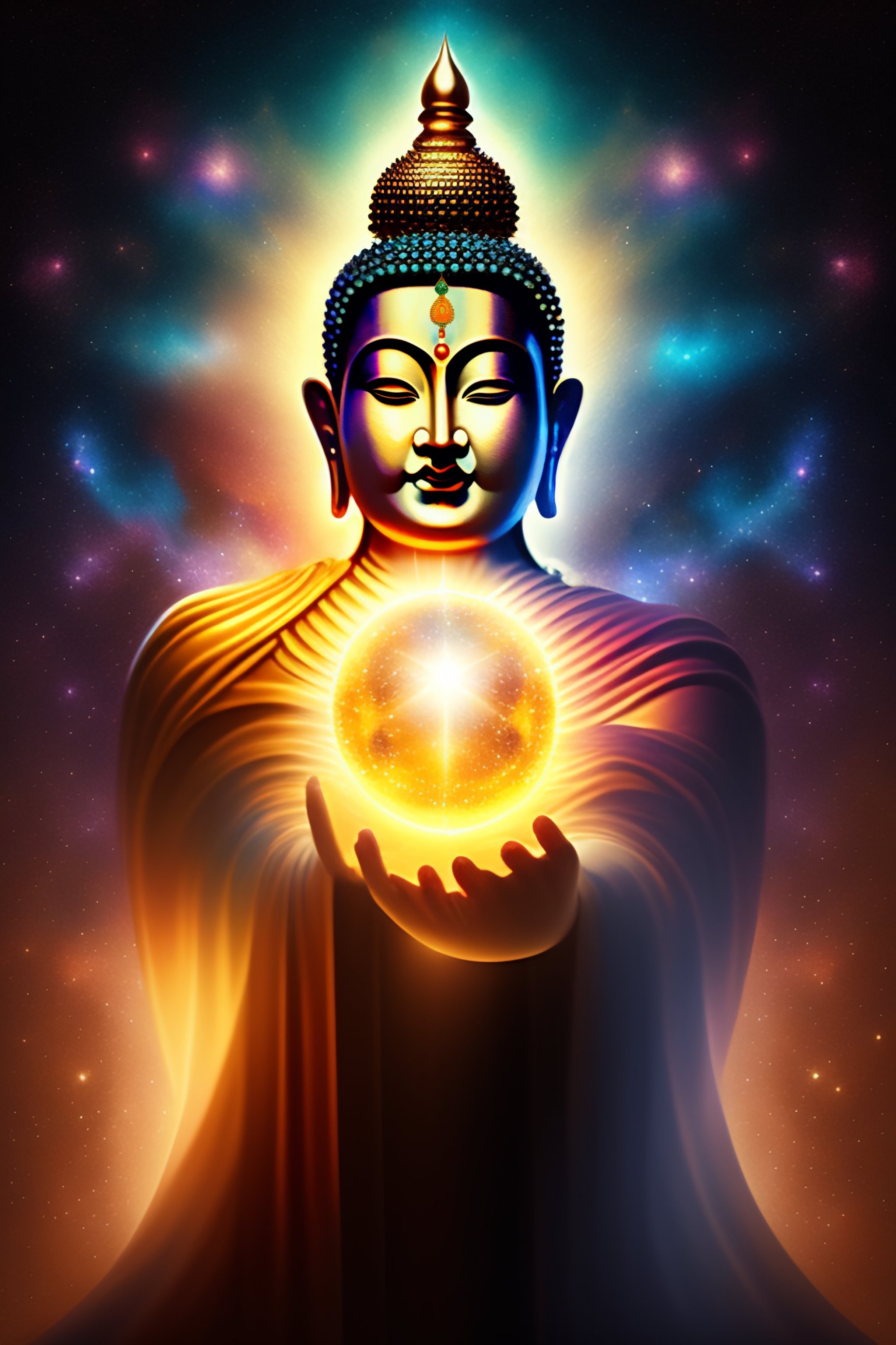 Lexica - Light Buddha shows his images of the galaxy and holds the ...