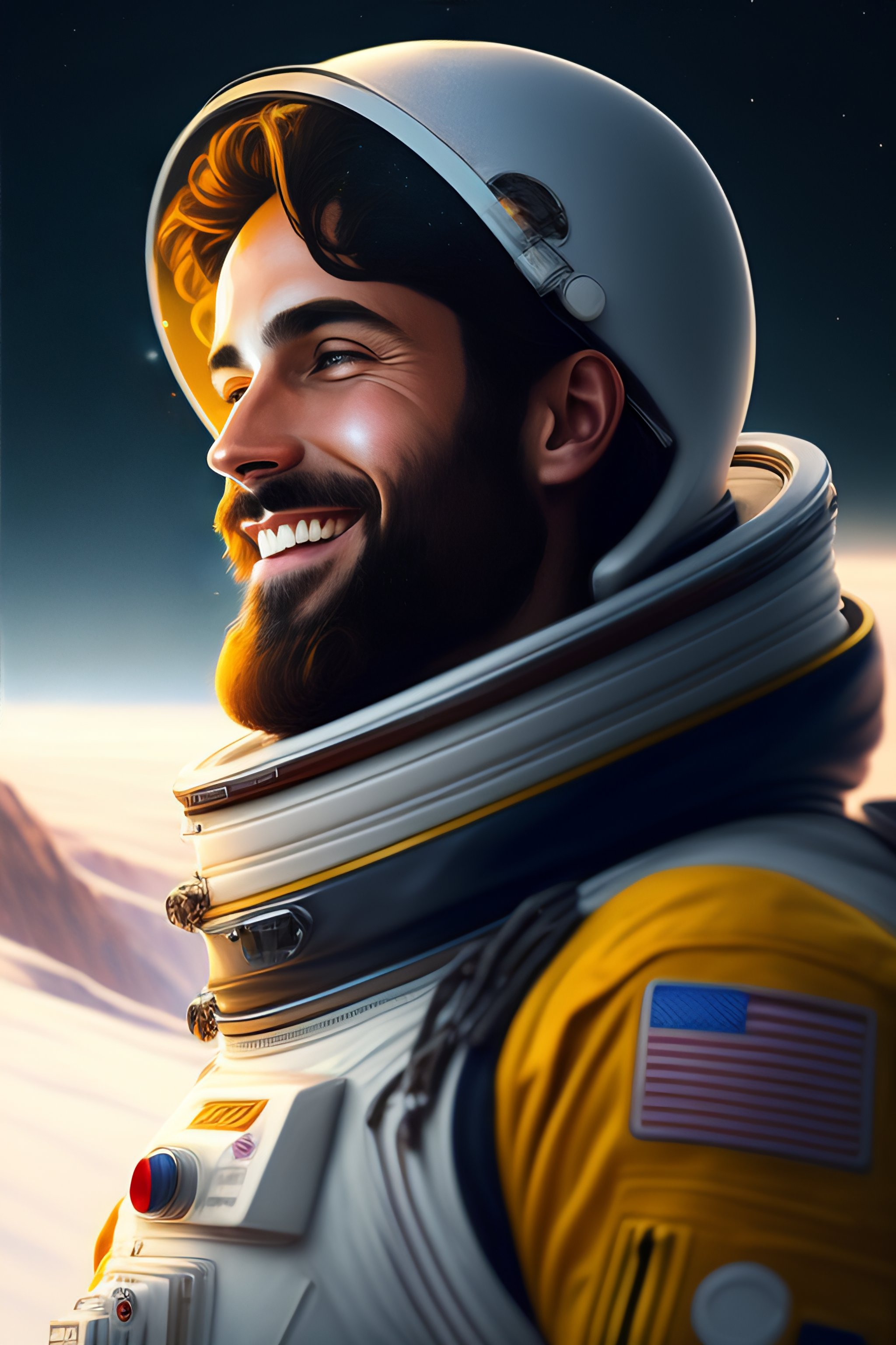 Lexica - Portrait of a smiling male brown hair astronaut with closed ...