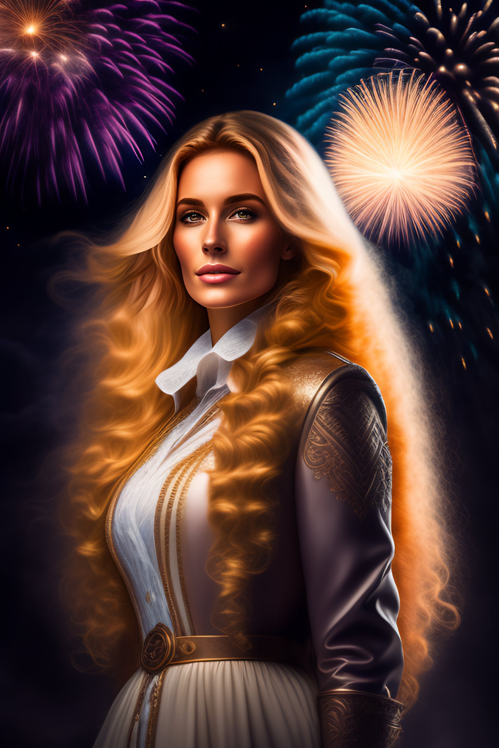 Lexica - Portrait of a woman in howarts, blonde hair, fireworks in the sky