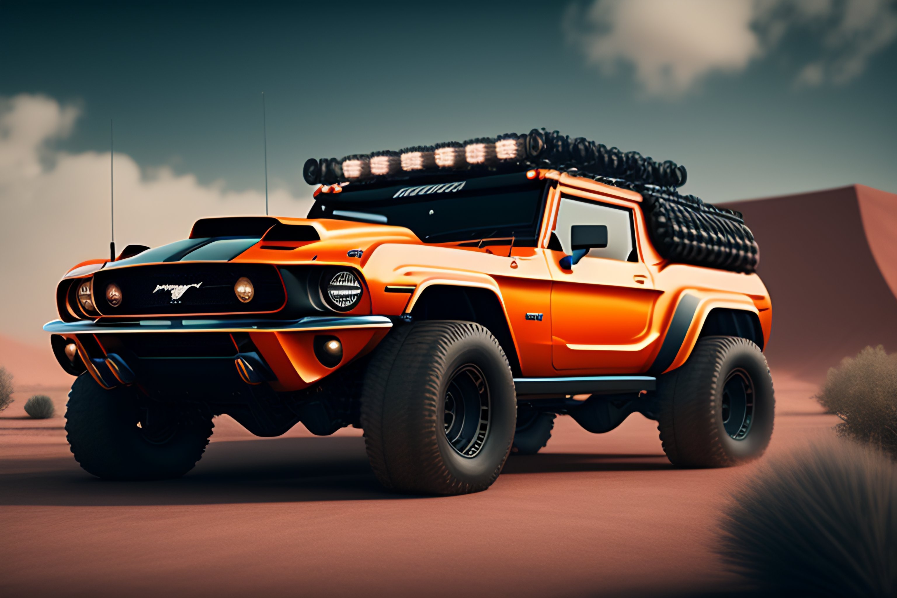 Lexica - Mechanized garrage, ford mustang, hummer, neorealist art room ...