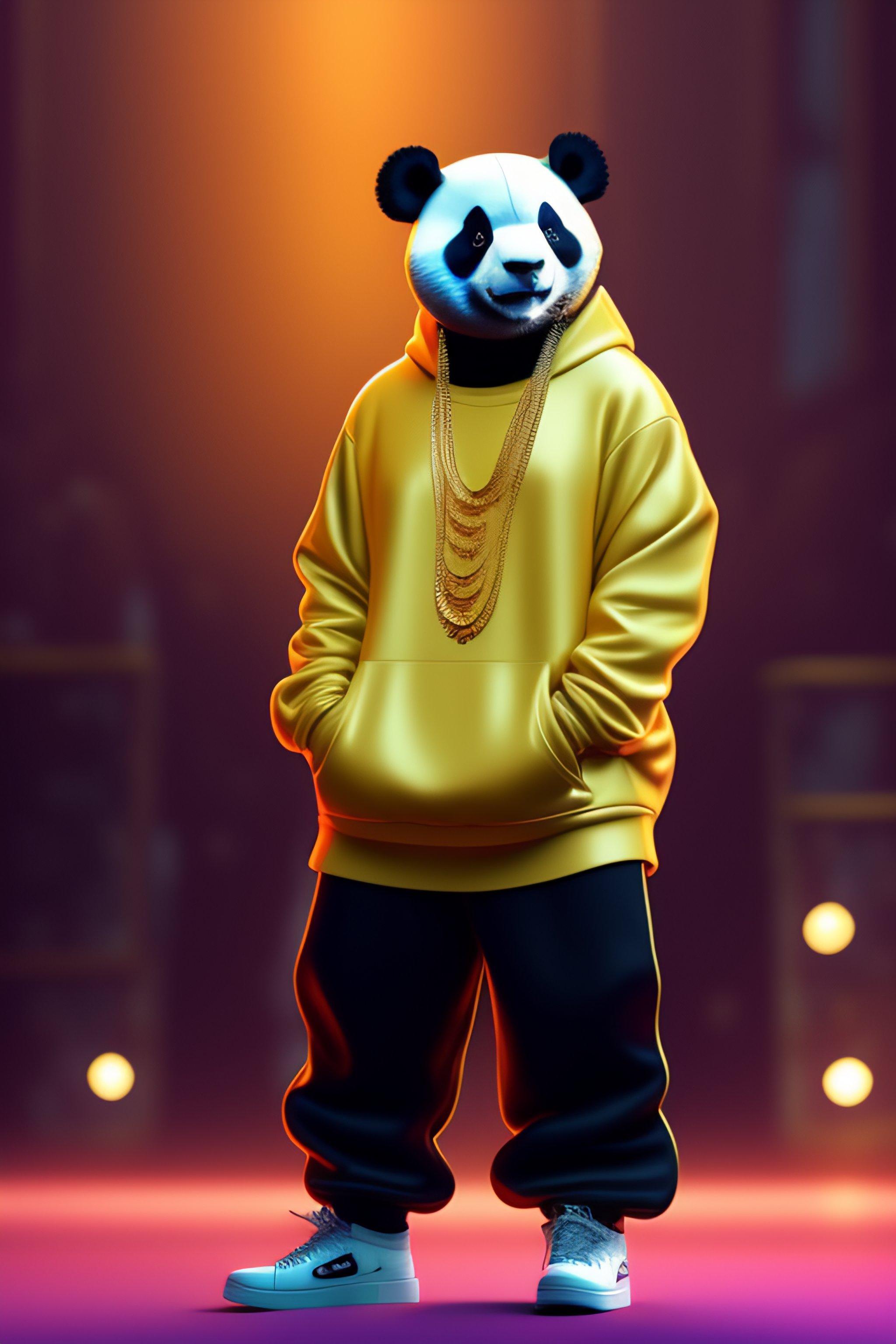 Lexica - Panda bear with sweatshirt, wide pants, singing with a ...