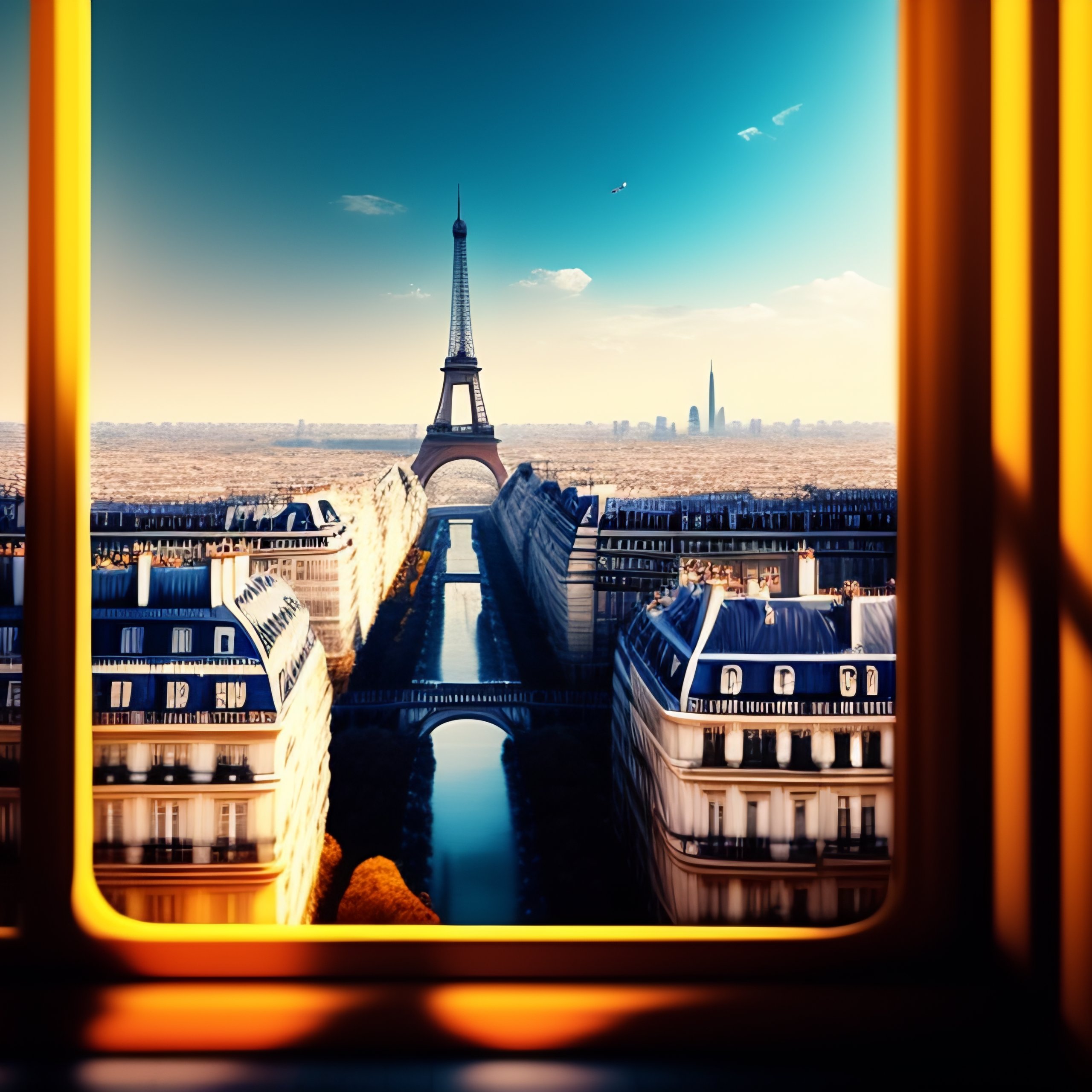 Lexica - Illutration of a view from a window seat, Eiffel tower outside