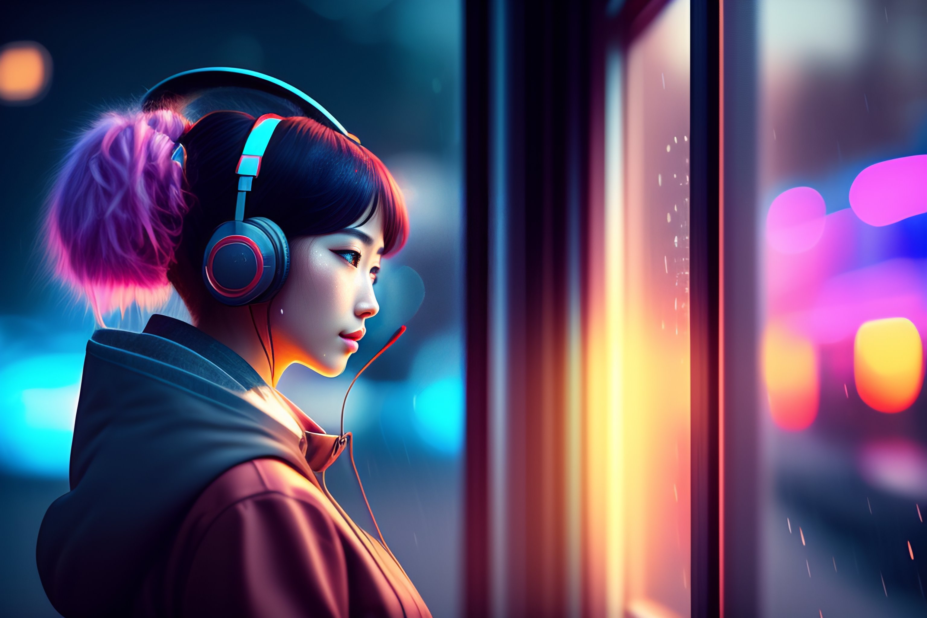 Lexica - A lofi girl with headphones is looking at a rainy window in ...