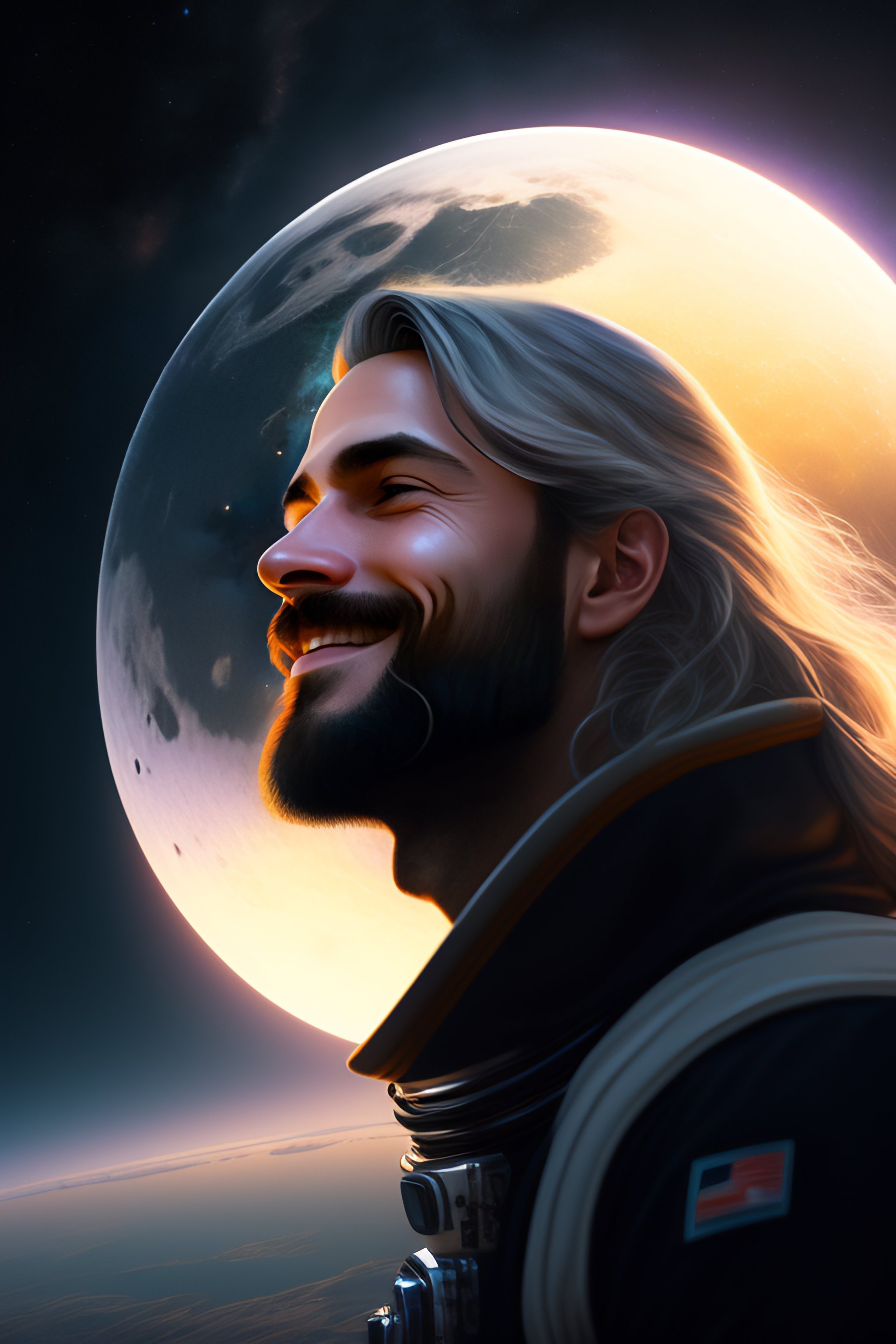 Lexica - Portrait of a smiling male gray long hair and beard astronaut ...