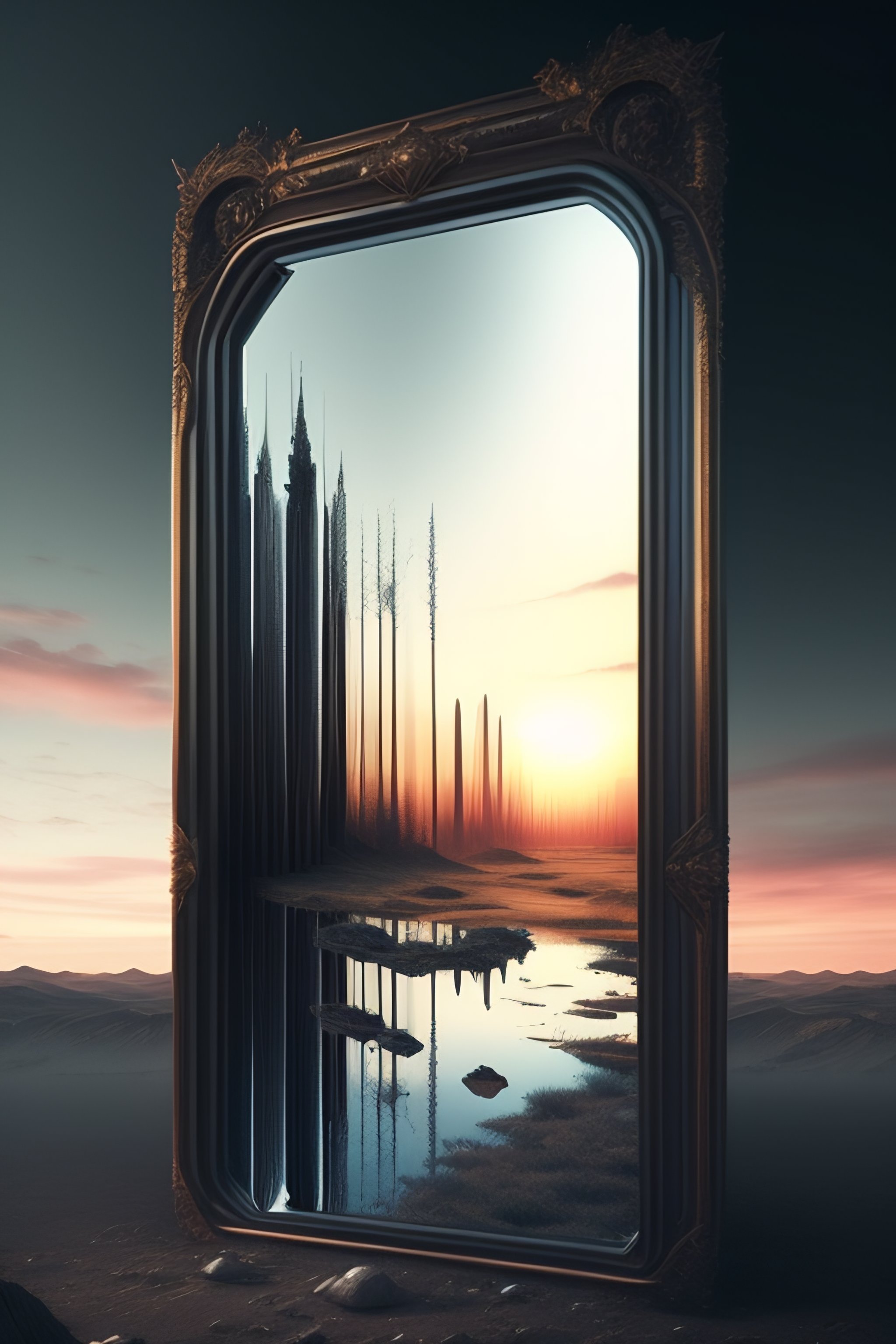 Lexica - Massive sinister broken mirror looming over a post-apocalyptic ...