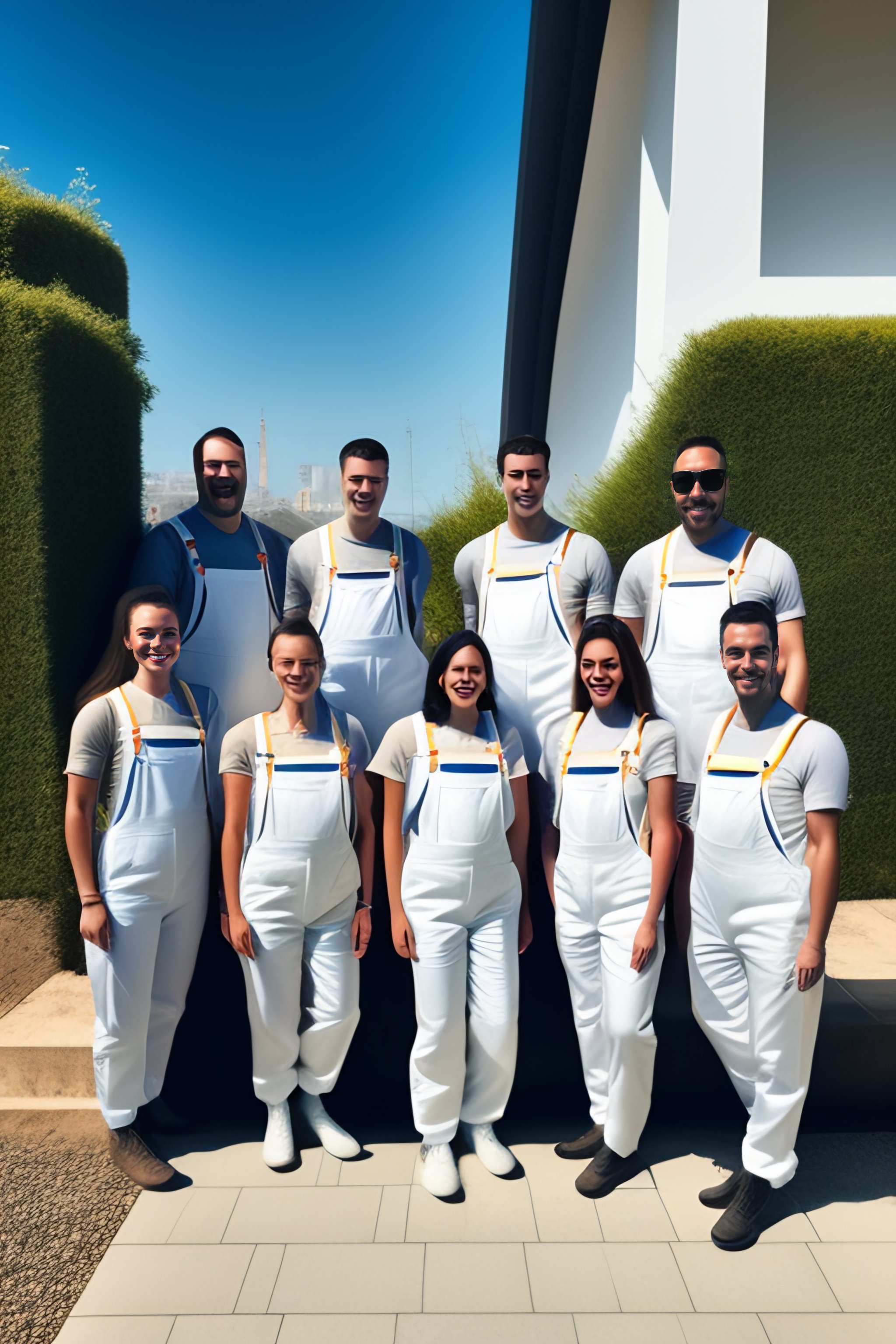 Lexica - An army of smiling painters wearing white dungarees, wide ...