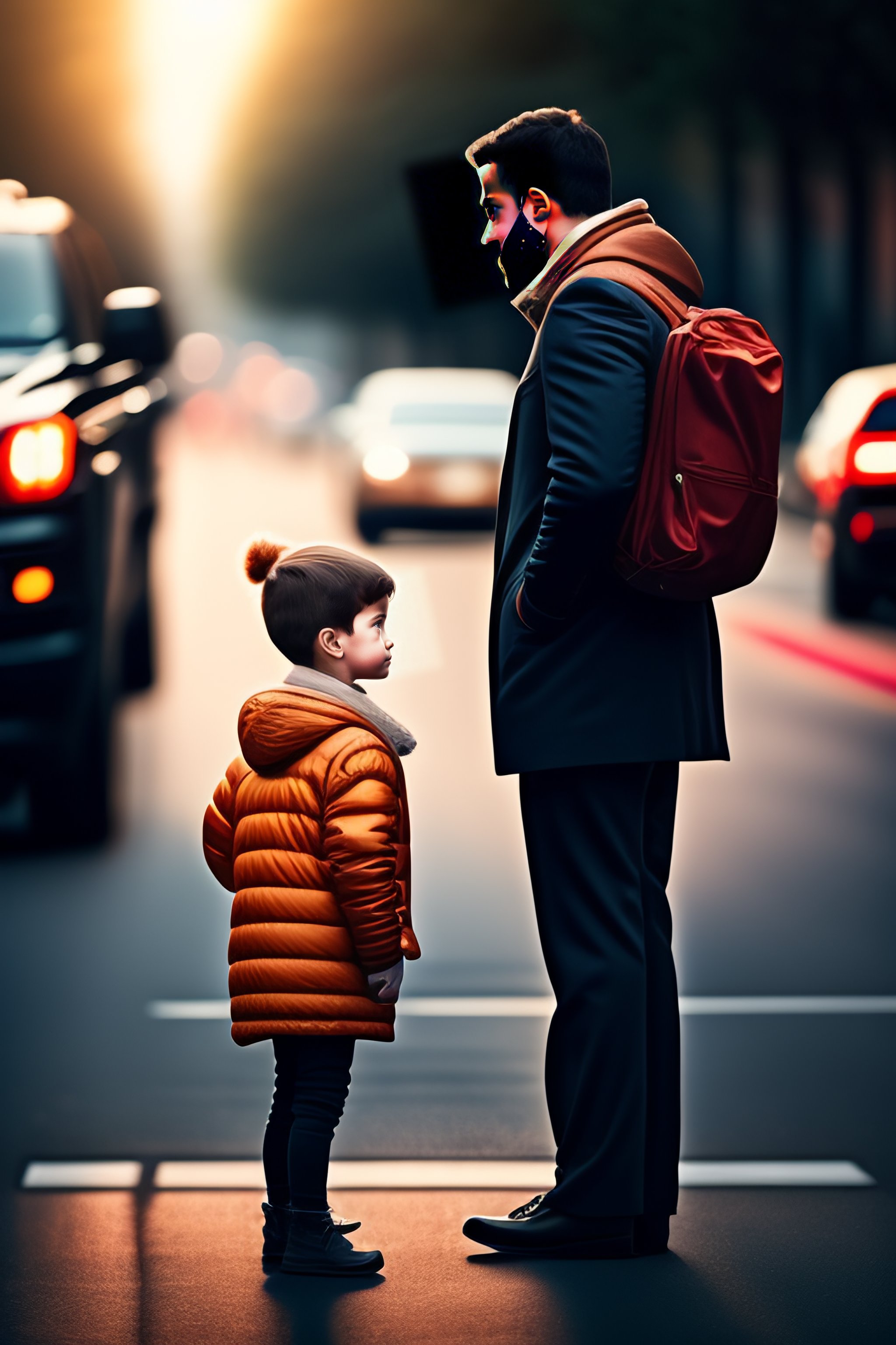 Lexica - A boy helping a man crossing the road in busy traffic
