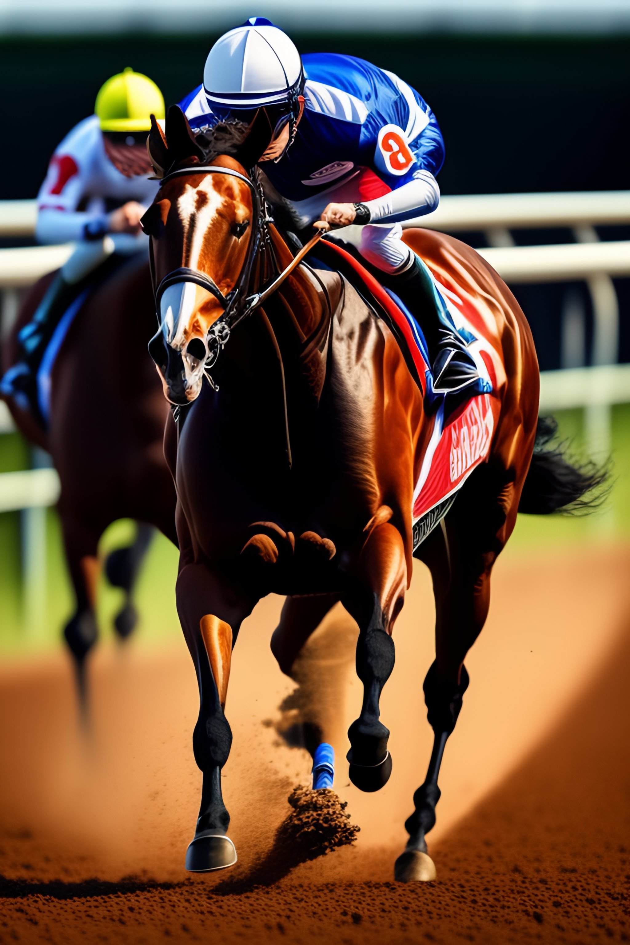 Lexica - Thoroughbed race horse running on a racetrack with a jockey ...