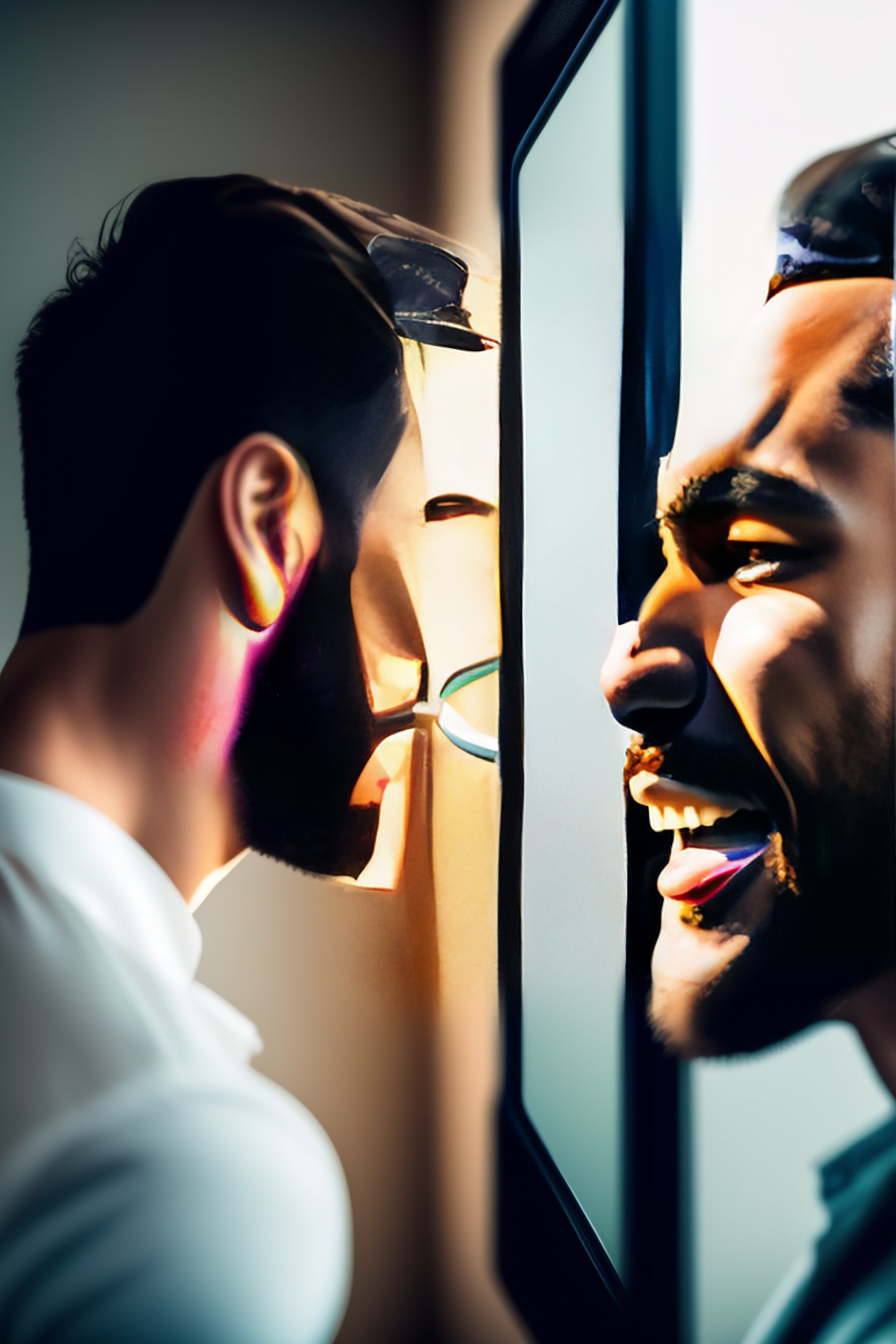 Lexica - Man looking in mirror and seeing a terrifying monster, symmetry