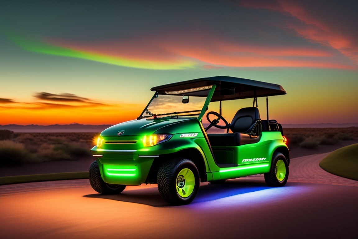 Lexica - A golf cart with green neon headlights, at dusk on a golf ...