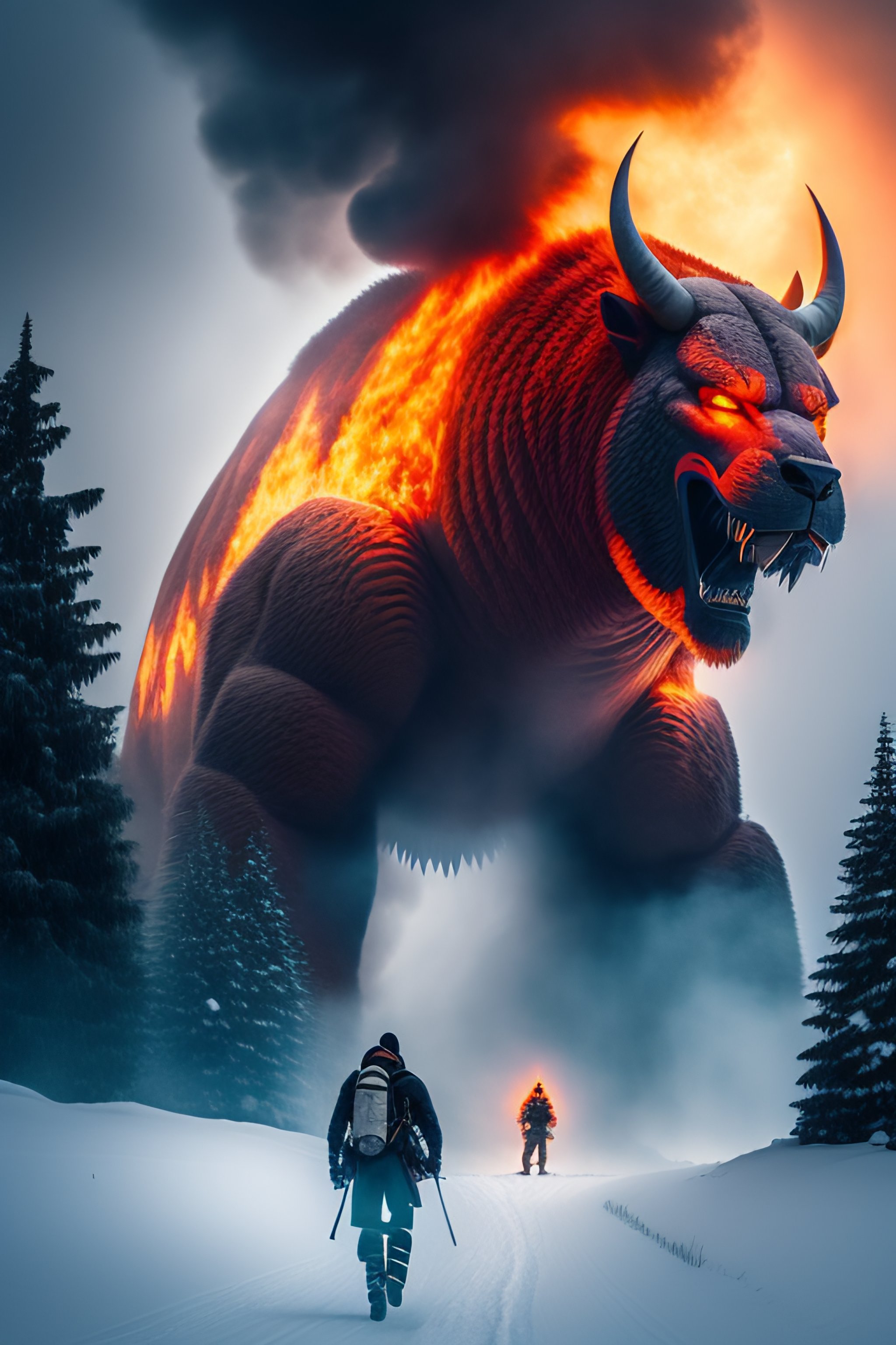 Lexica - A large fire beast chases a man who is trying to hide in some ...