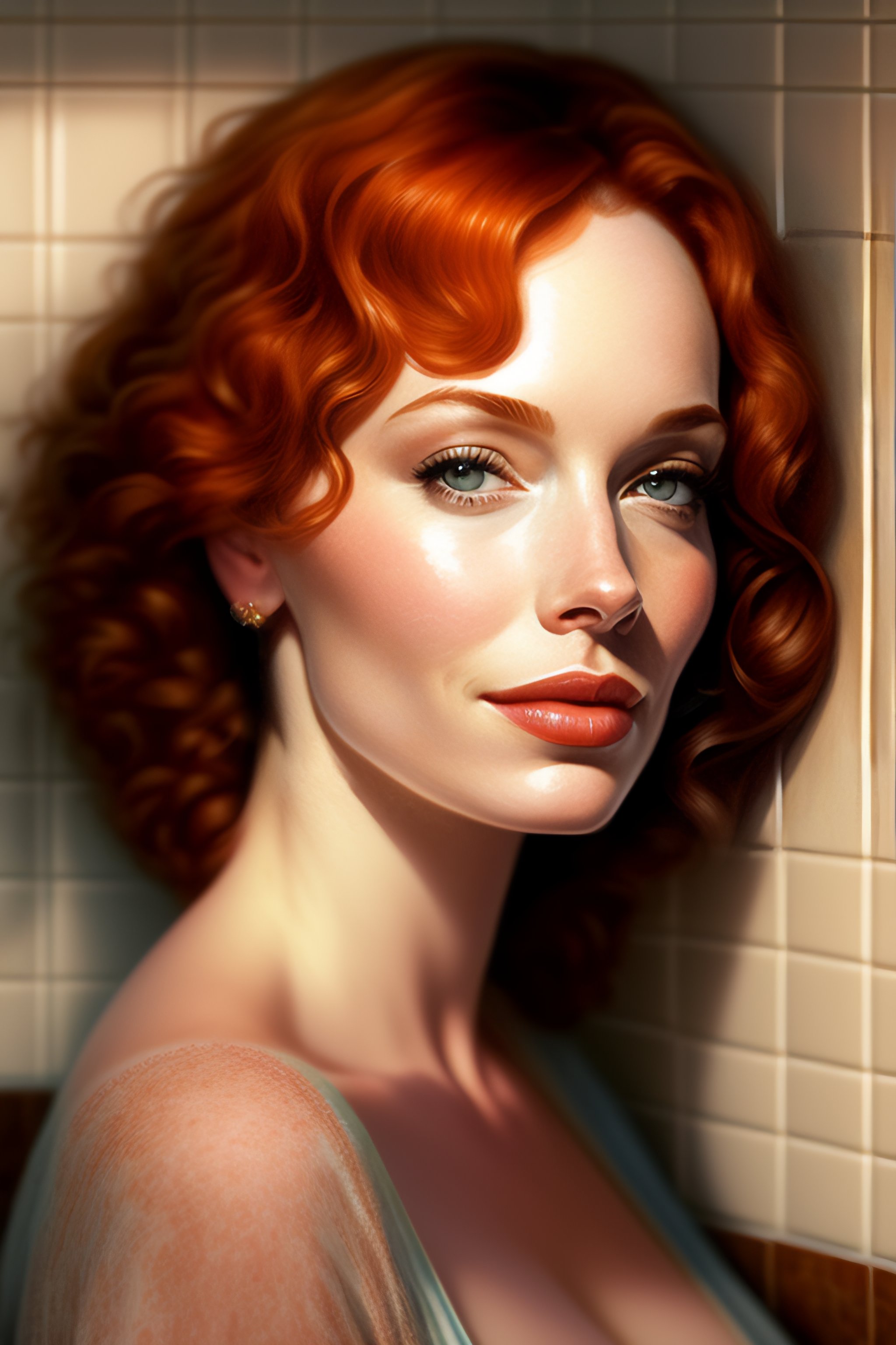 Lexica - An exhausted christina hendricks in her tiled bathroom, key ...