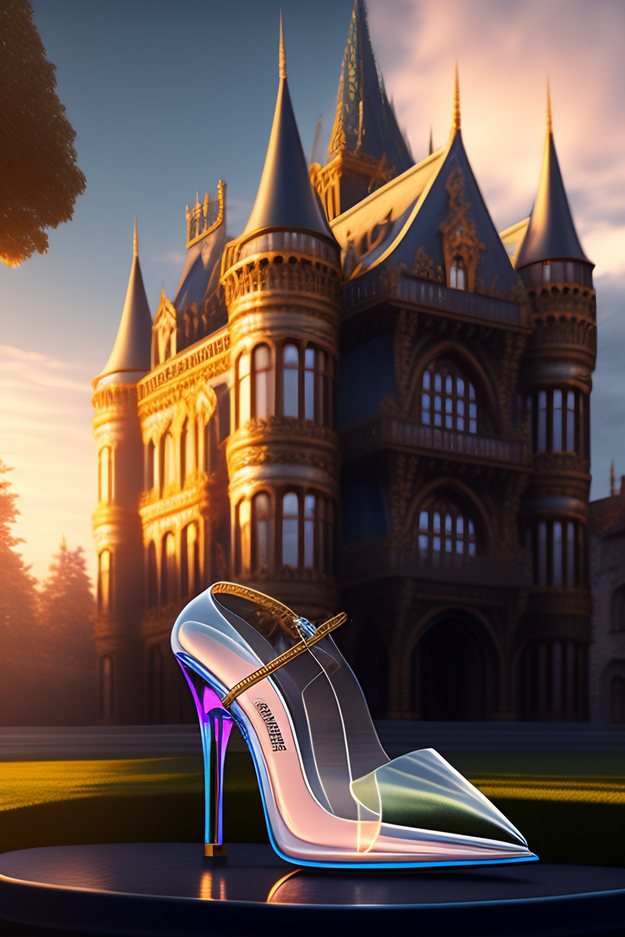 Lexica - Shiny clear high heel shoe in front of a castle, dark fantasy ...