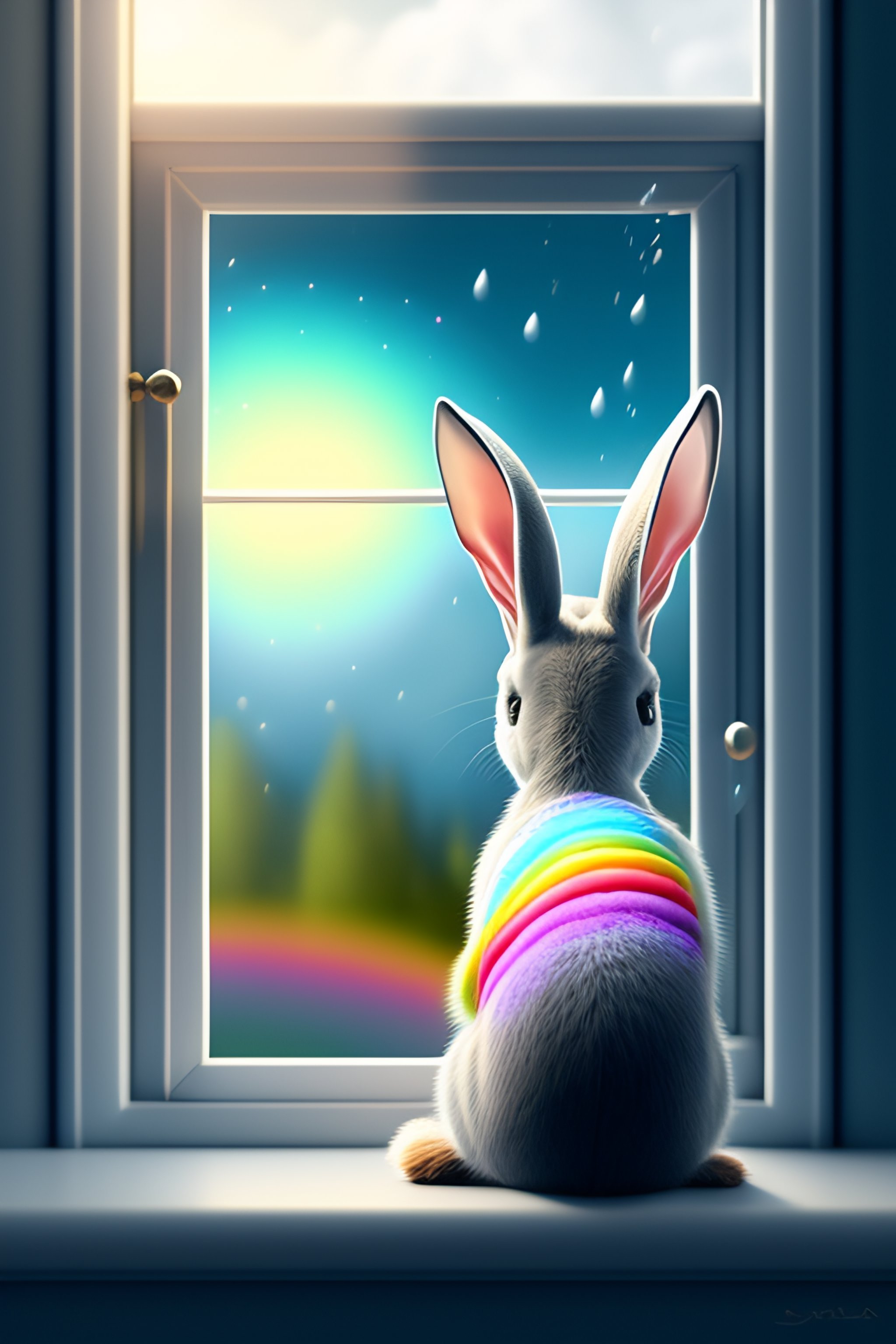 Lexica - Grey bunny looking at rainbow outside window illustration