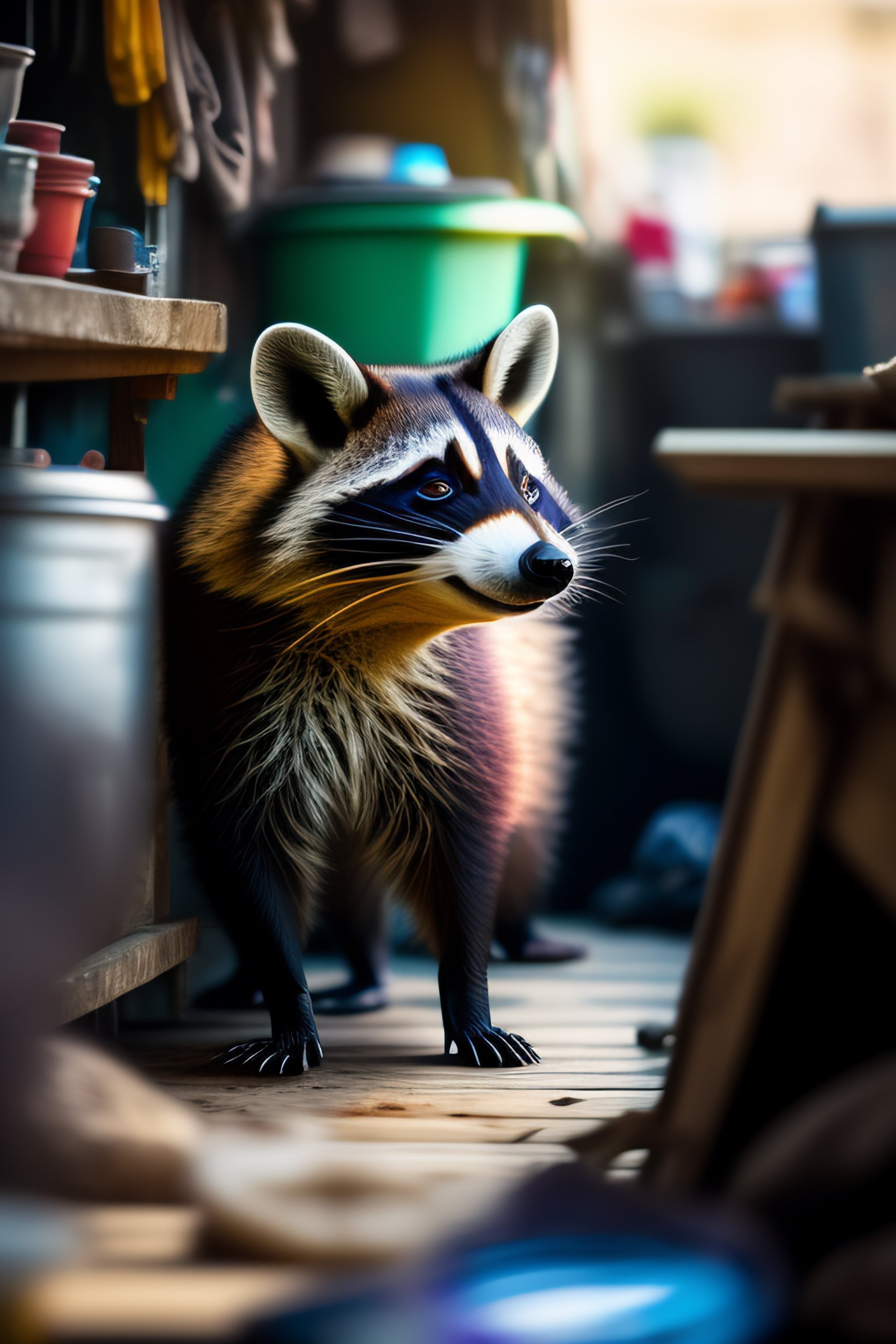 Lexica - Wide angle Environmental shot of evil raccoon in a cluttered ...