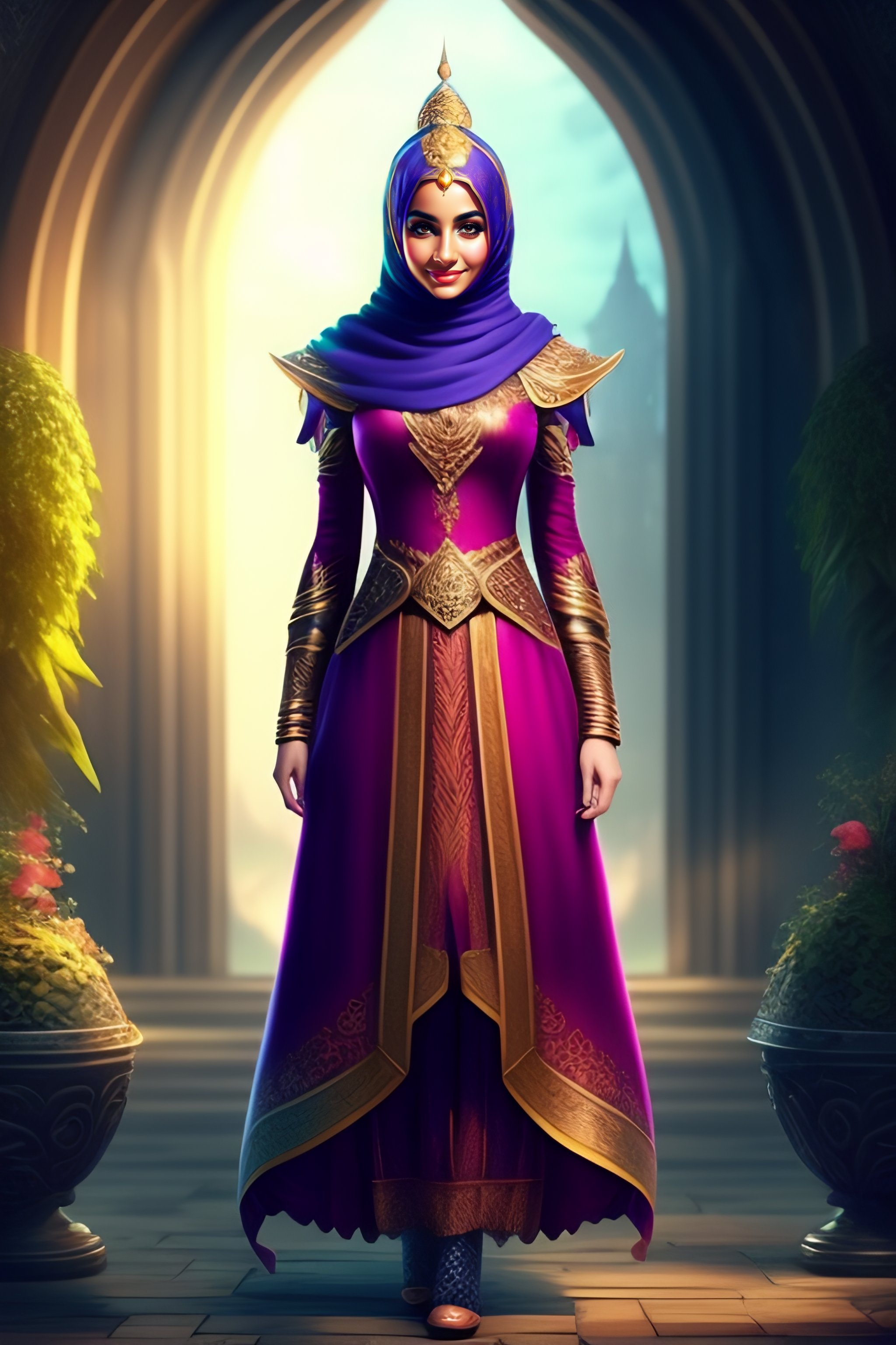 Lexica - Cute gorgeous hijab girl in fantasy world settings wear mage outfit