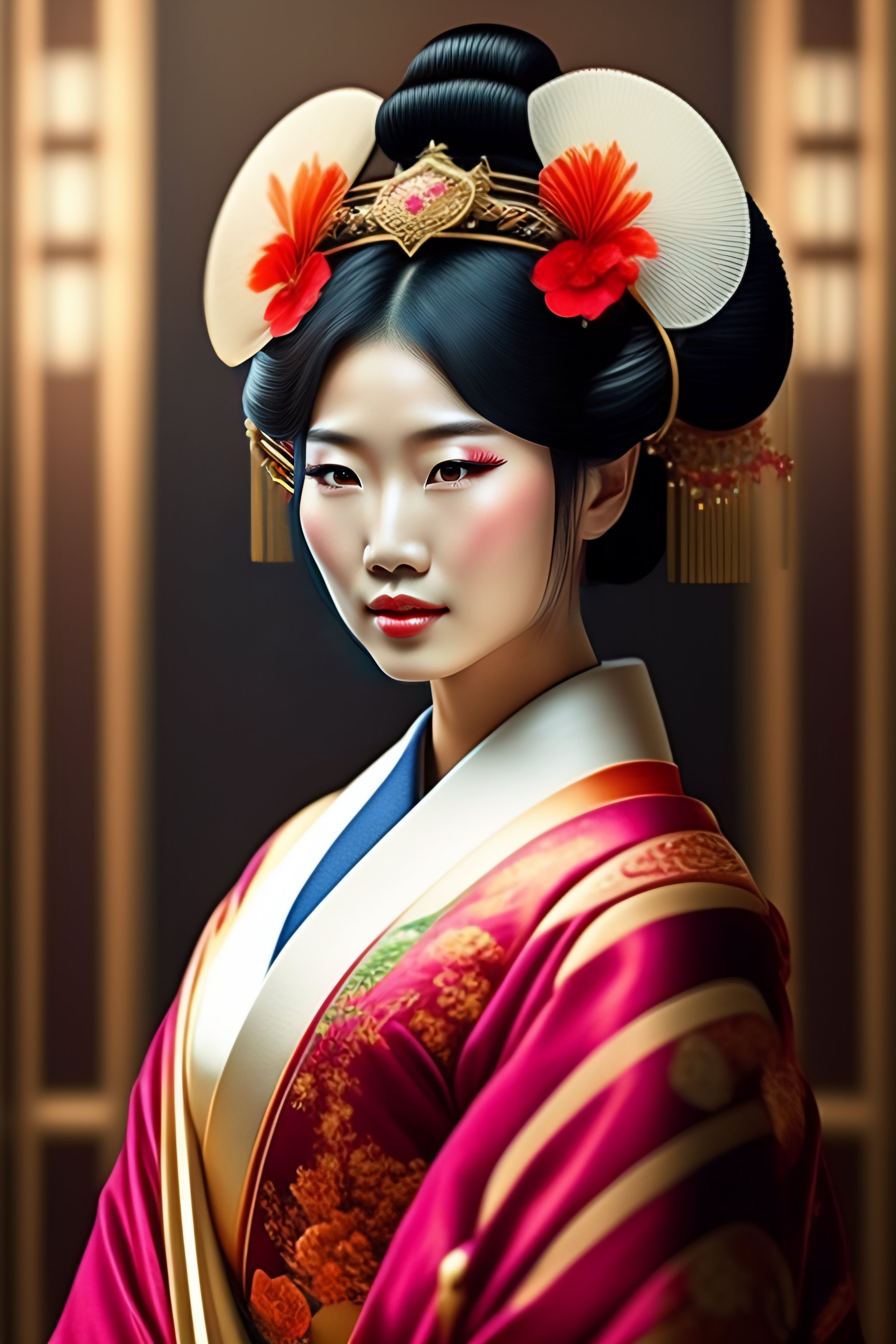 Lexica - Beautiful Asian geisha, wearing elaborate Japanese headdress ...