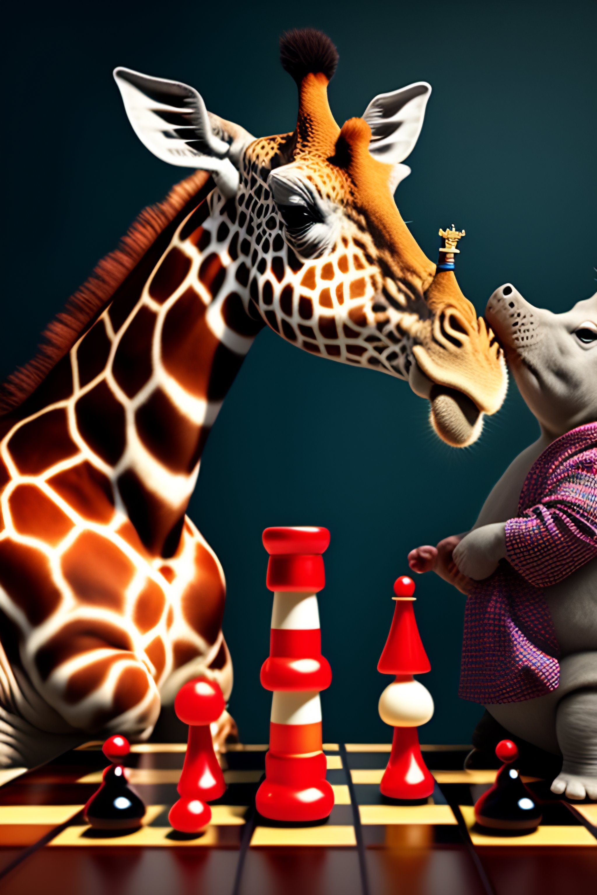 Lexica - A giraffe plays chess with a hippo dressed as a clown