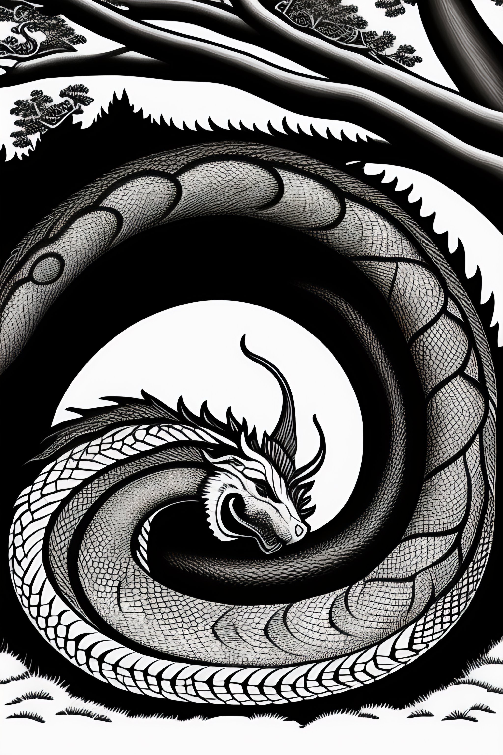Lexica - Coloring page of a dragon coiled around a tree trunk, snoozing ...
