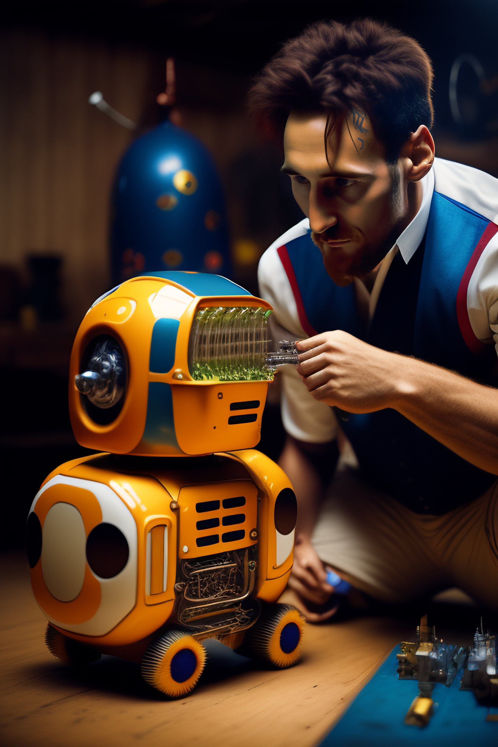 Lexica - A photo of messi building a robot by Philippe Halsman, setting ...