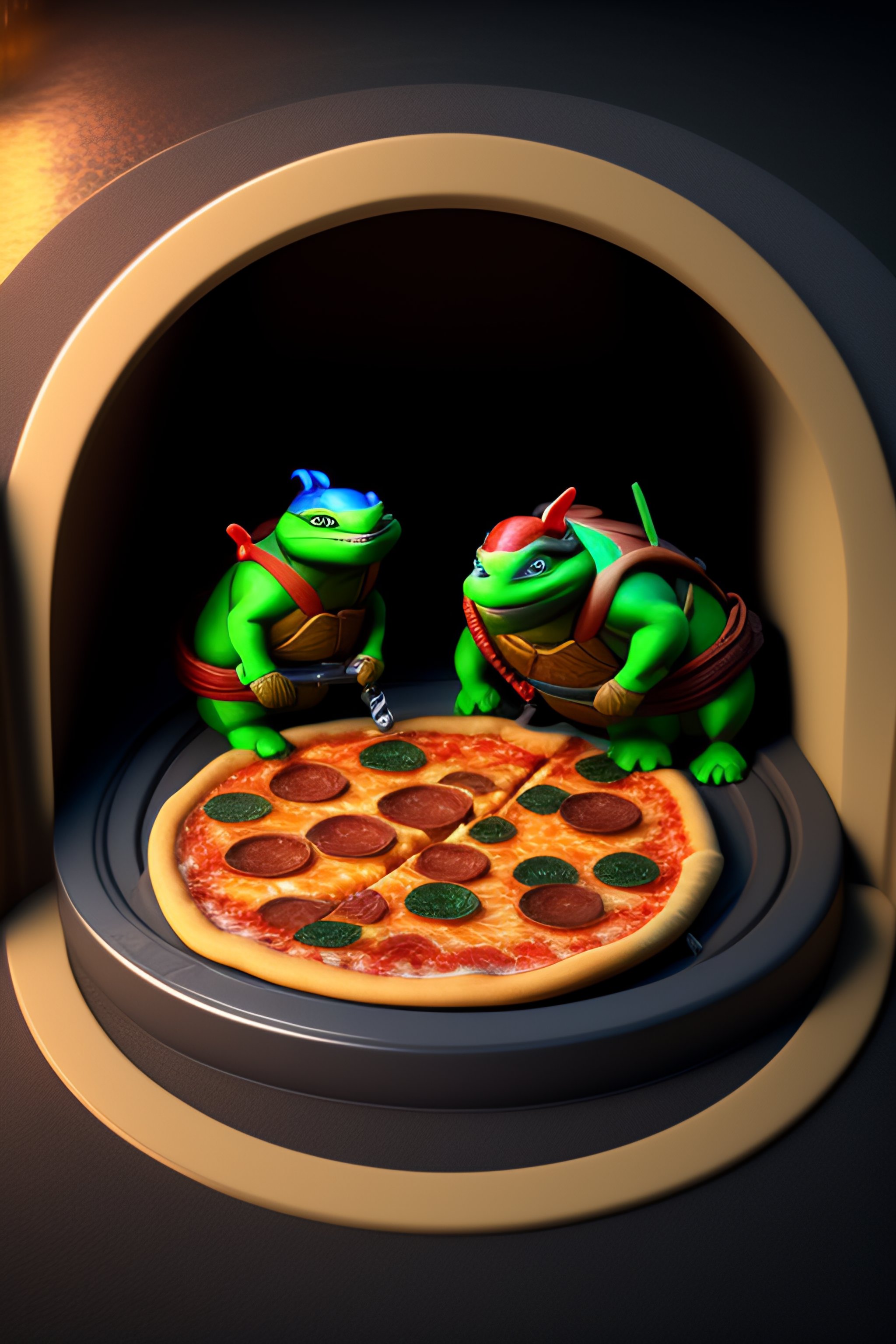 Lexica - Ninja turtles eating pizza in a sewer, 3d render, realistic ...