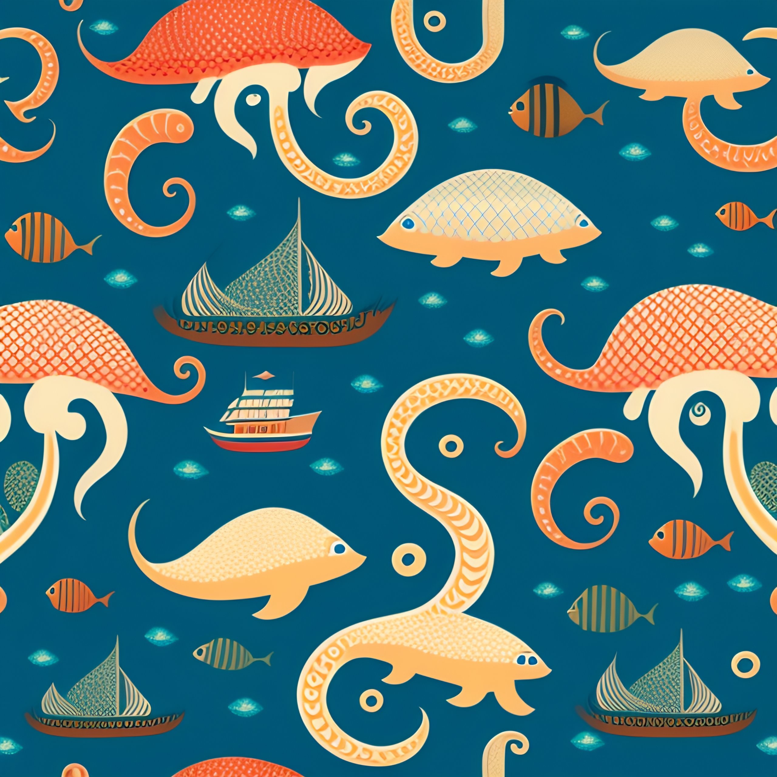 Lexica - Seamless pattern, kraken and sea creatures