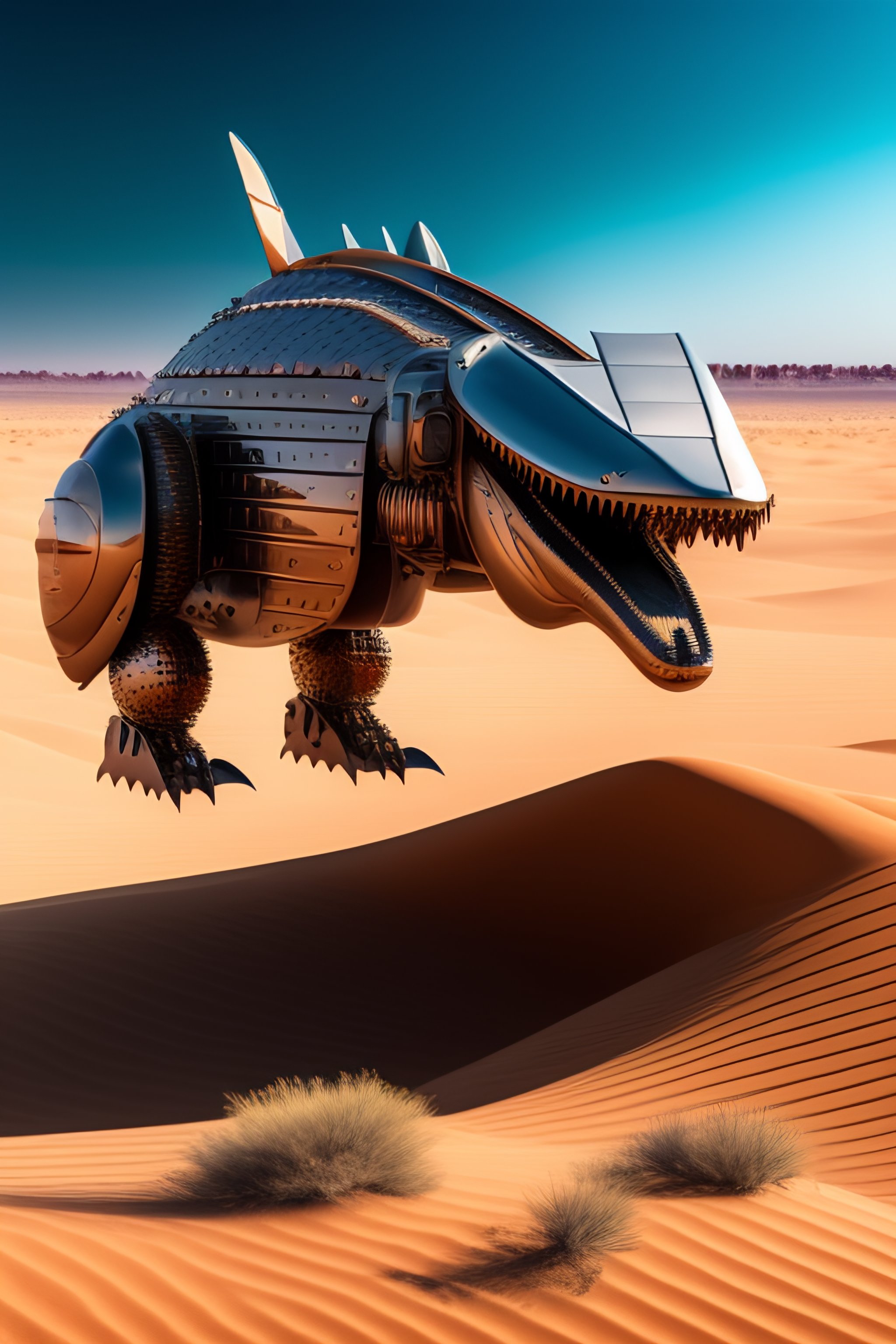 Lexica - A robot alligator with wings in the middle of an empty desert