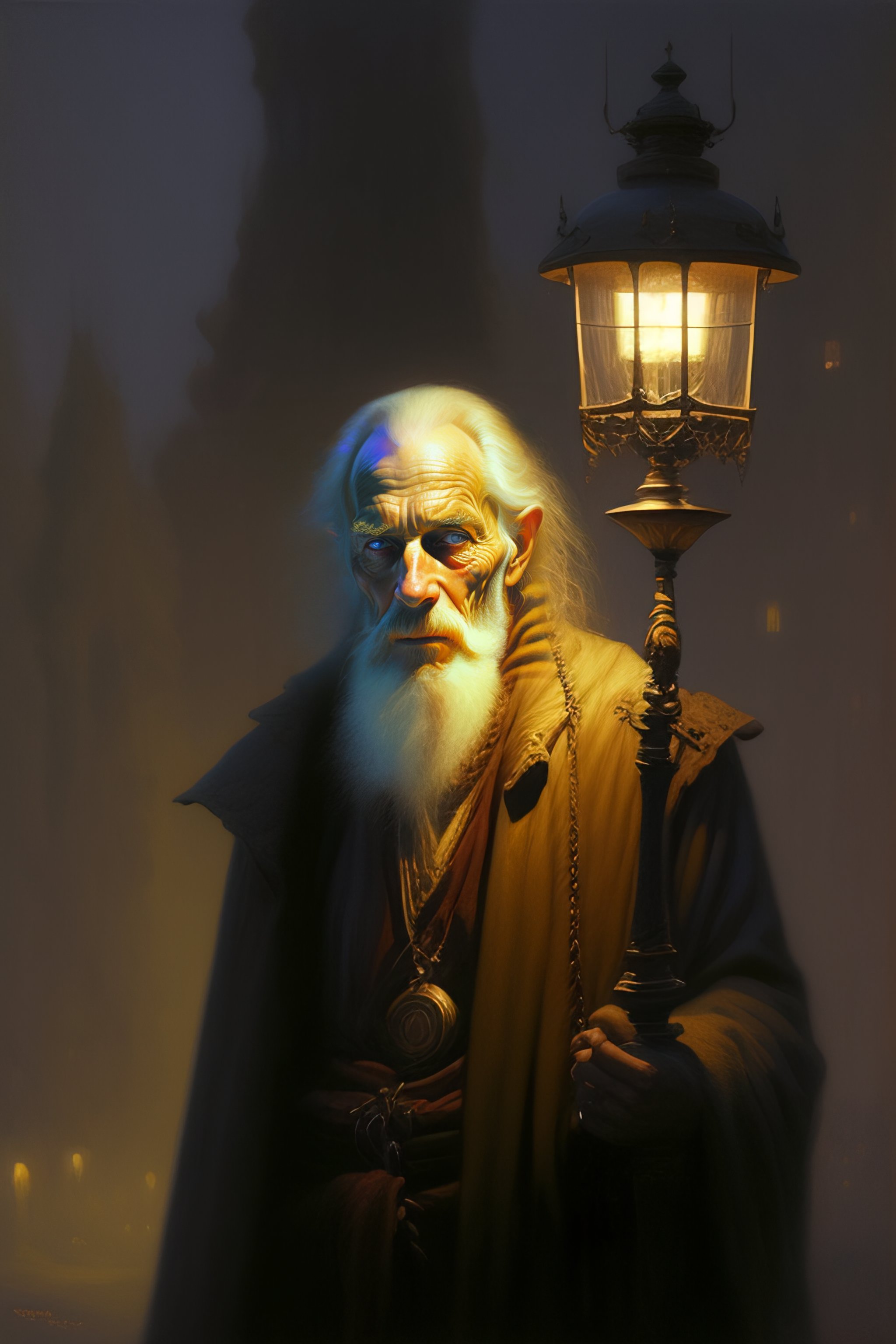 Lexica - An old decayed hermit holding a lamp in the dark foggy night ...