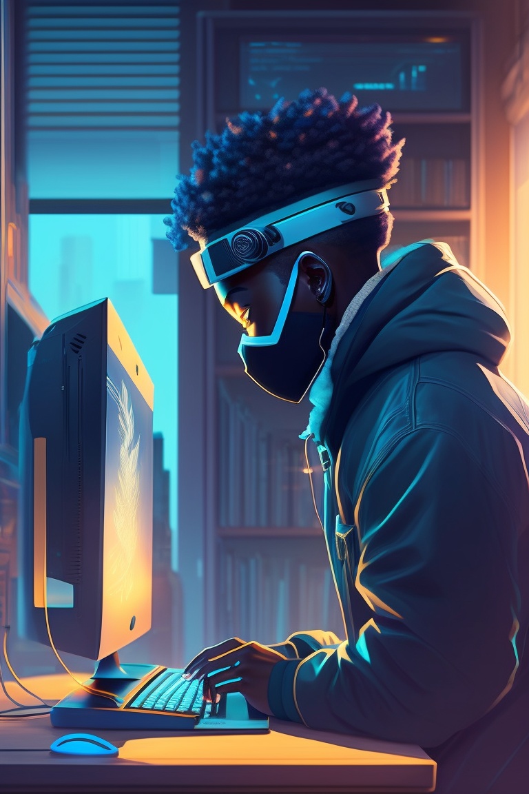 Lexica - A nerdy black boy in a cyberpunk mask is programming on a ...