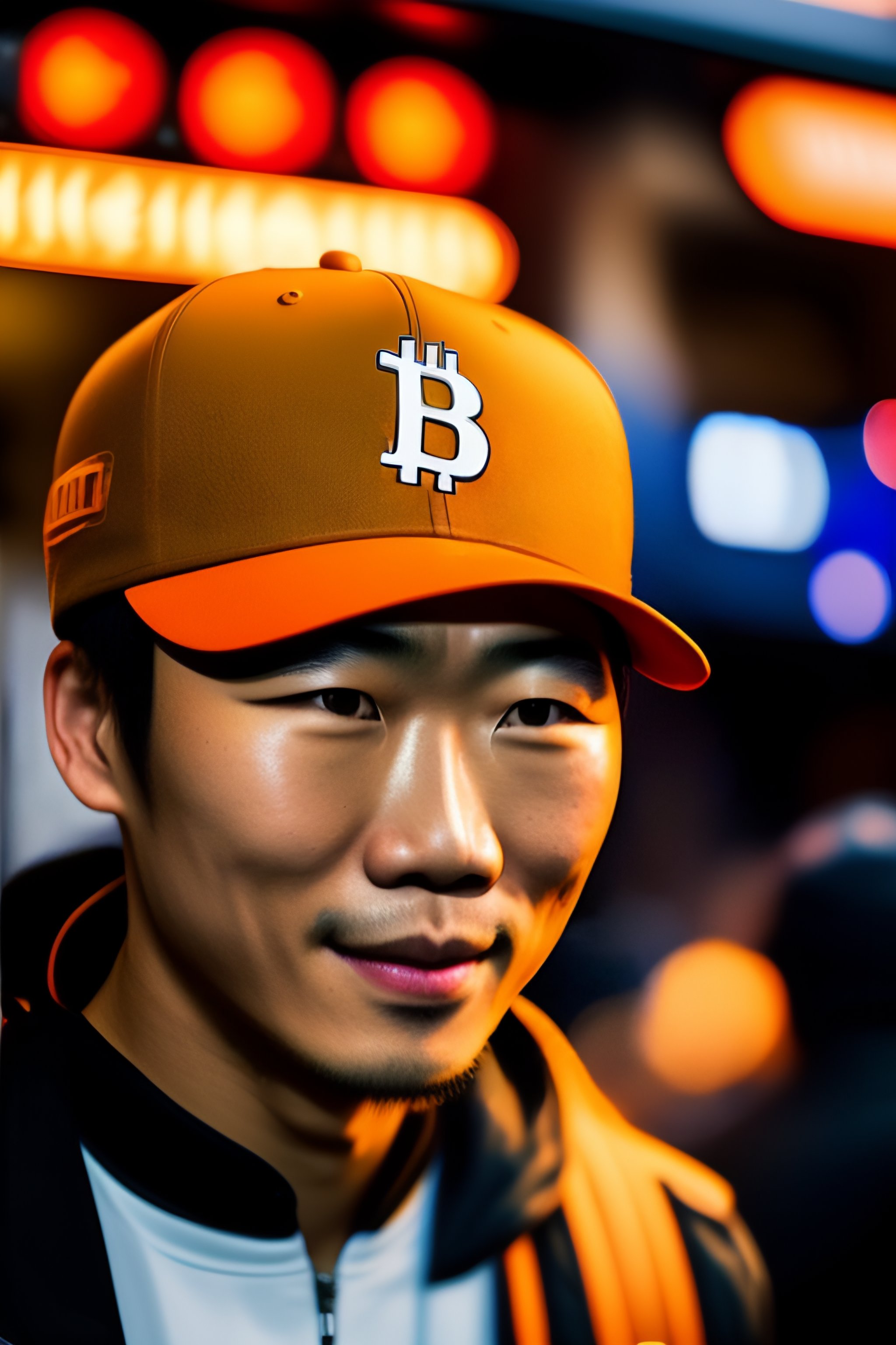 Lexica - ASIAN GUY WEARING A HAT WITH A BITCOIN LOGO ON IT IN TOKYO. IN ...