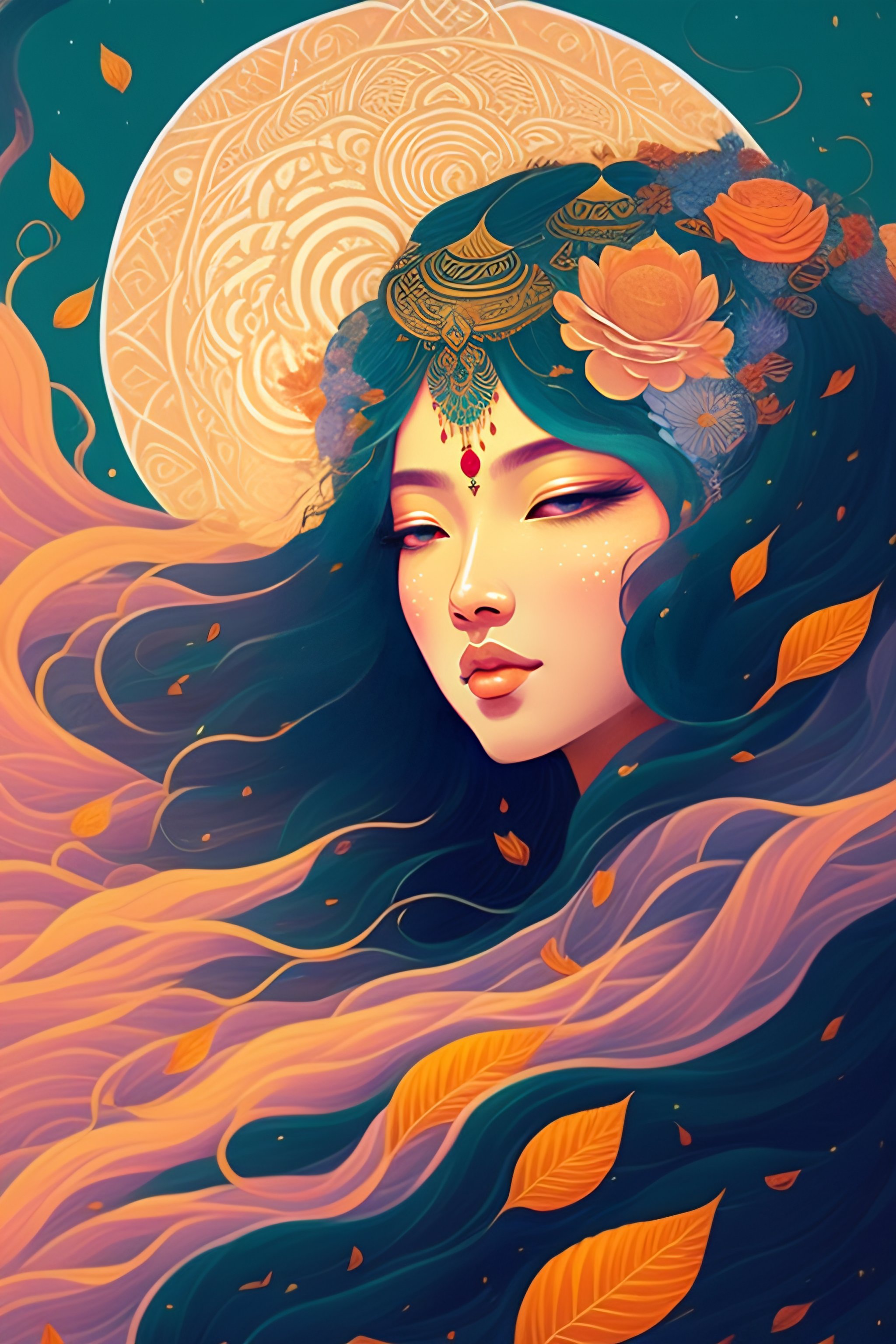 Lexica - Indian Goddess, long hair in motion, herbs and blue pastel ...