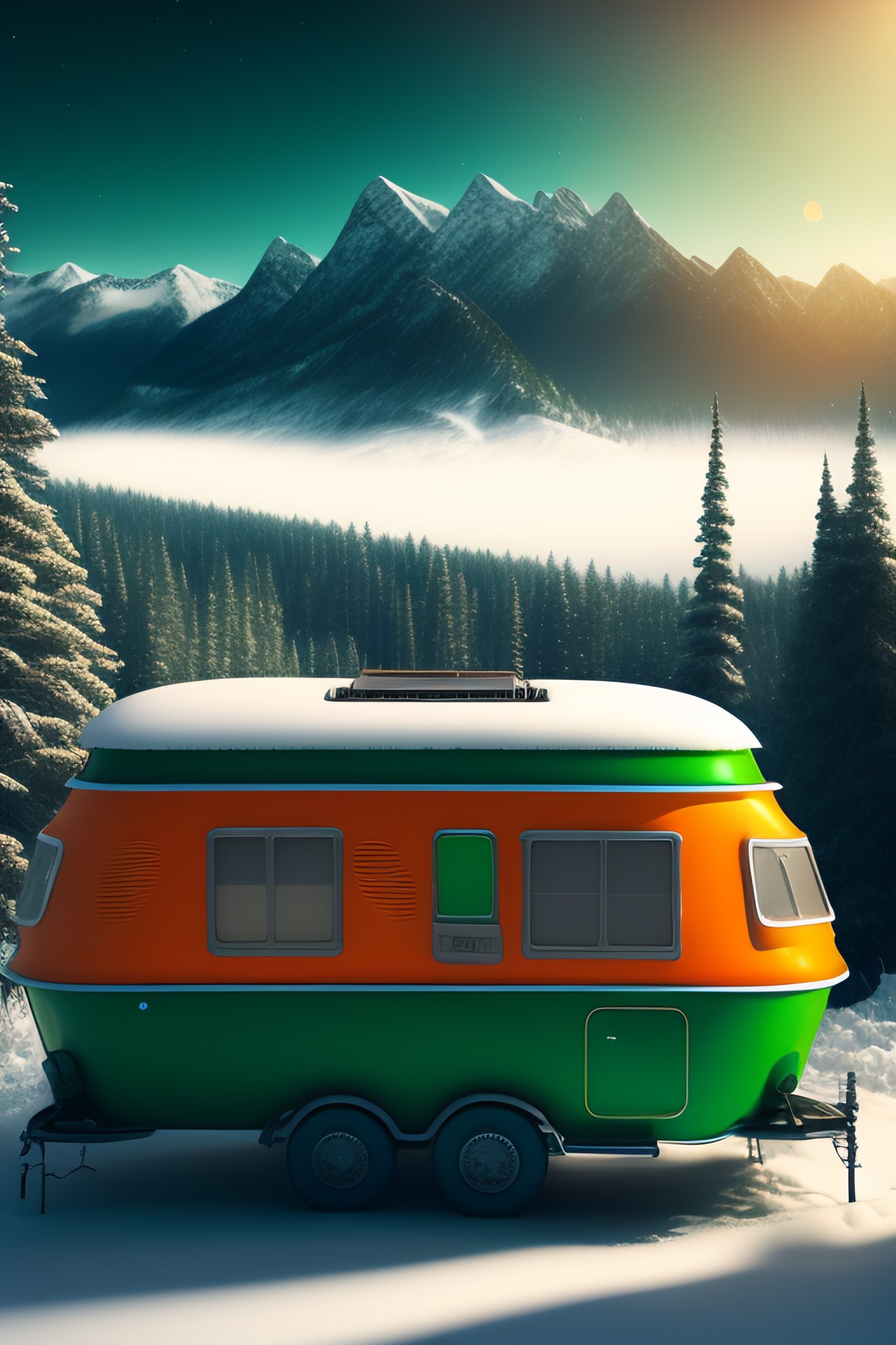 Lexica - Orange campervan on snowy mountains, green forest background ...