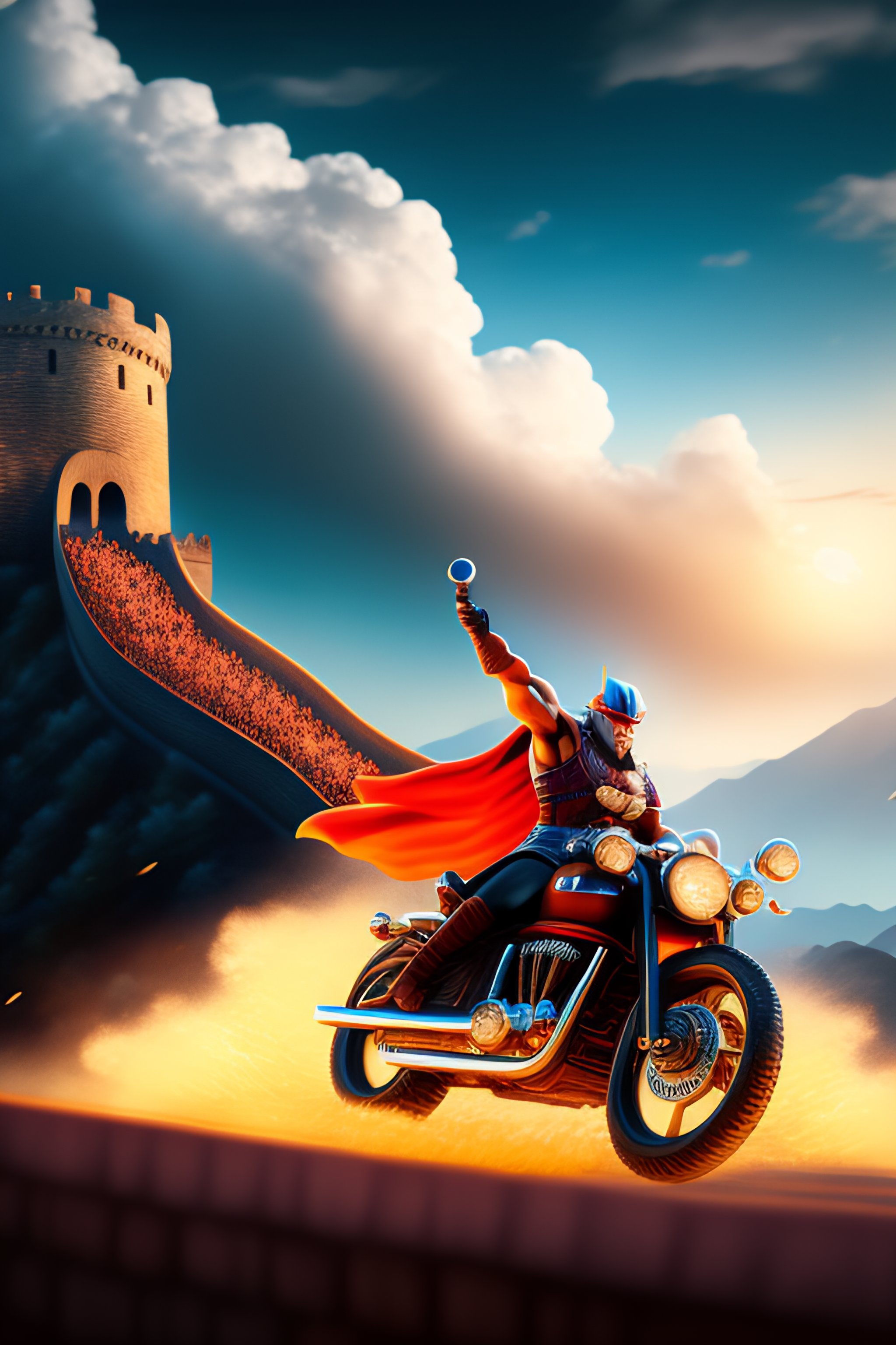 Lexica - An action scene of thor riding a motorcycle, on the great wall ...