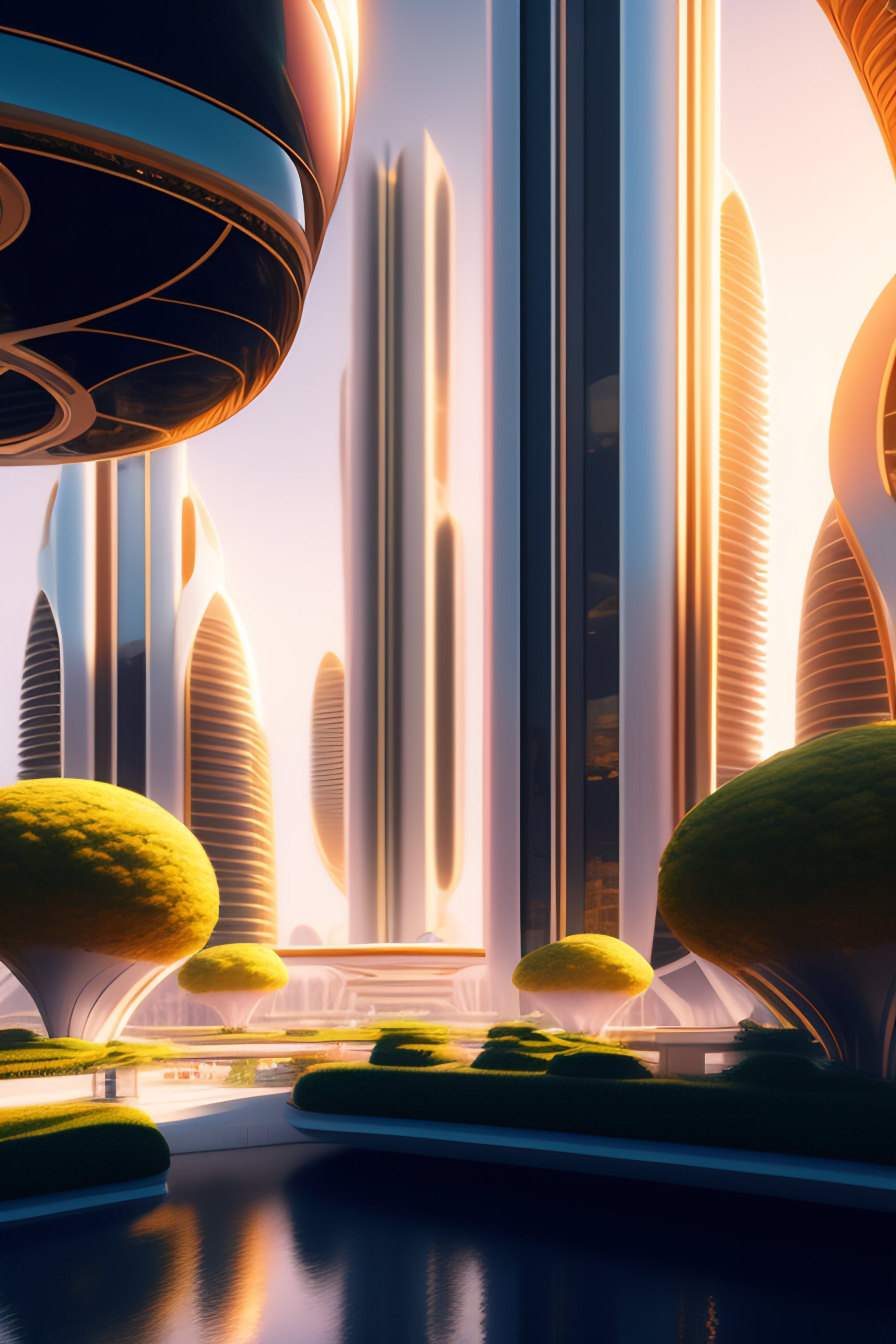 Lexica - Futuristic utopian city, central hub, spiral white buildings, golden sunset, research ...