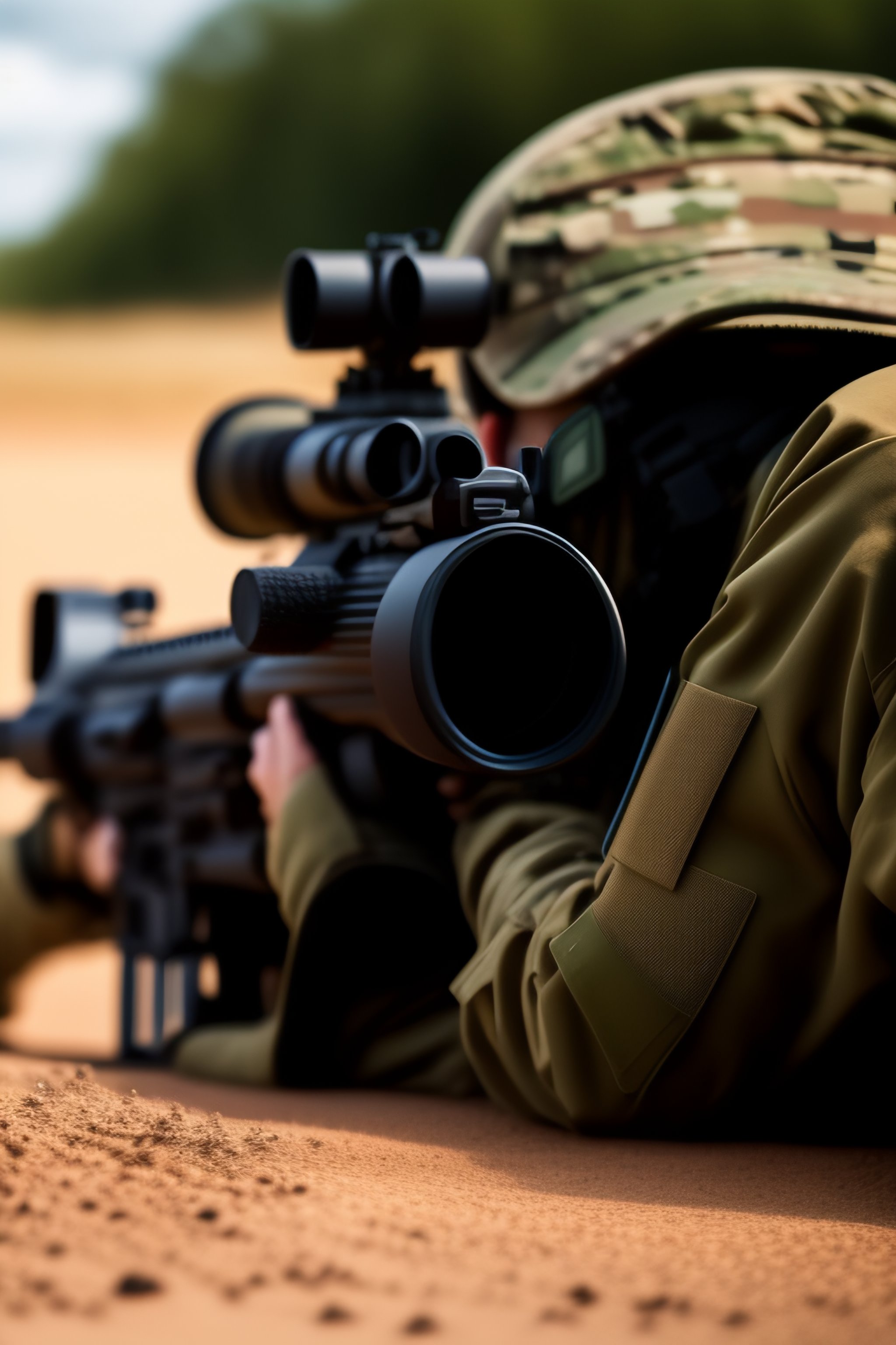 Lexica - Full frame, fit female sniper lying flat on the ground legs ...