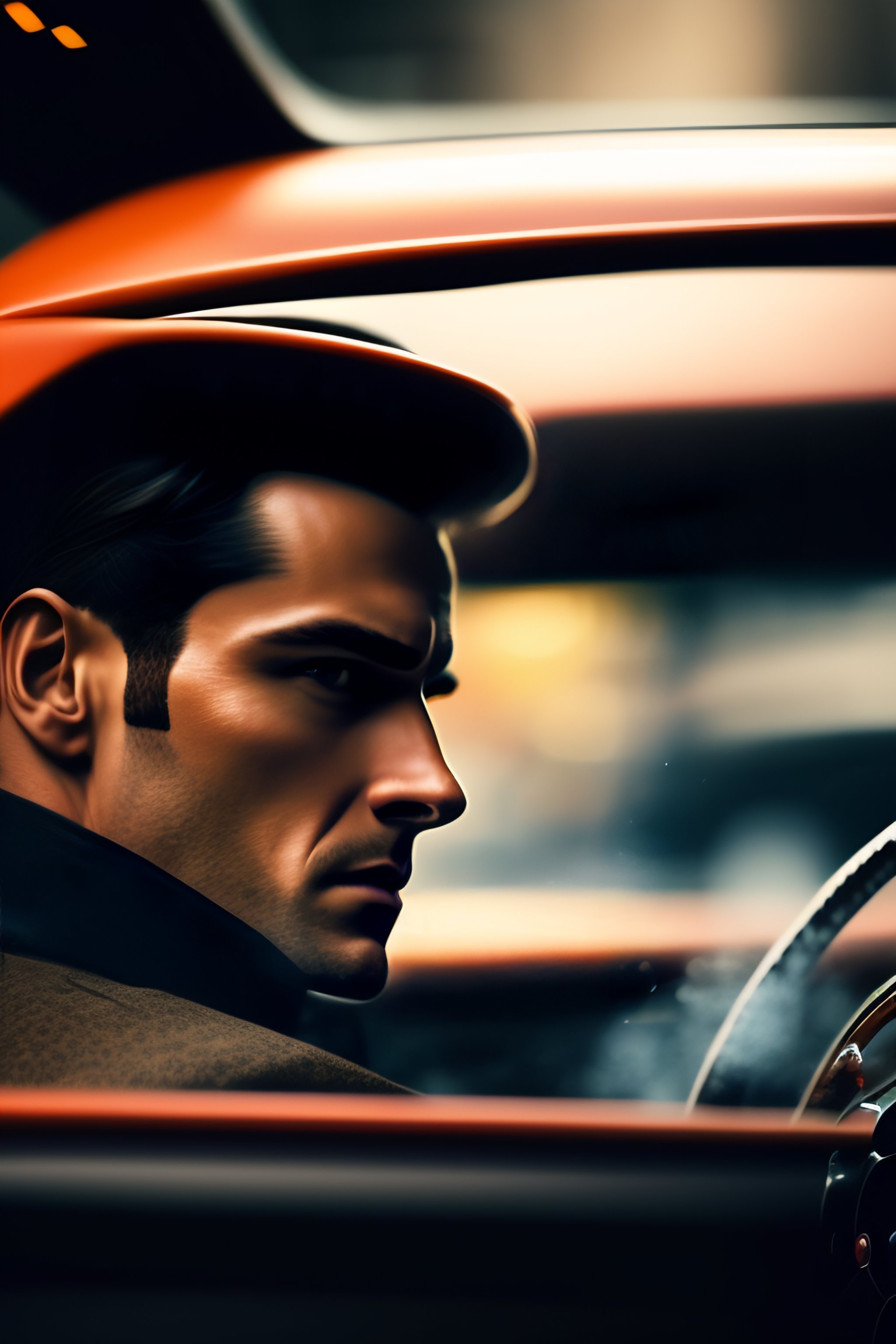 Lexica - A closeup action shot of a male spy driving through the narrow ...