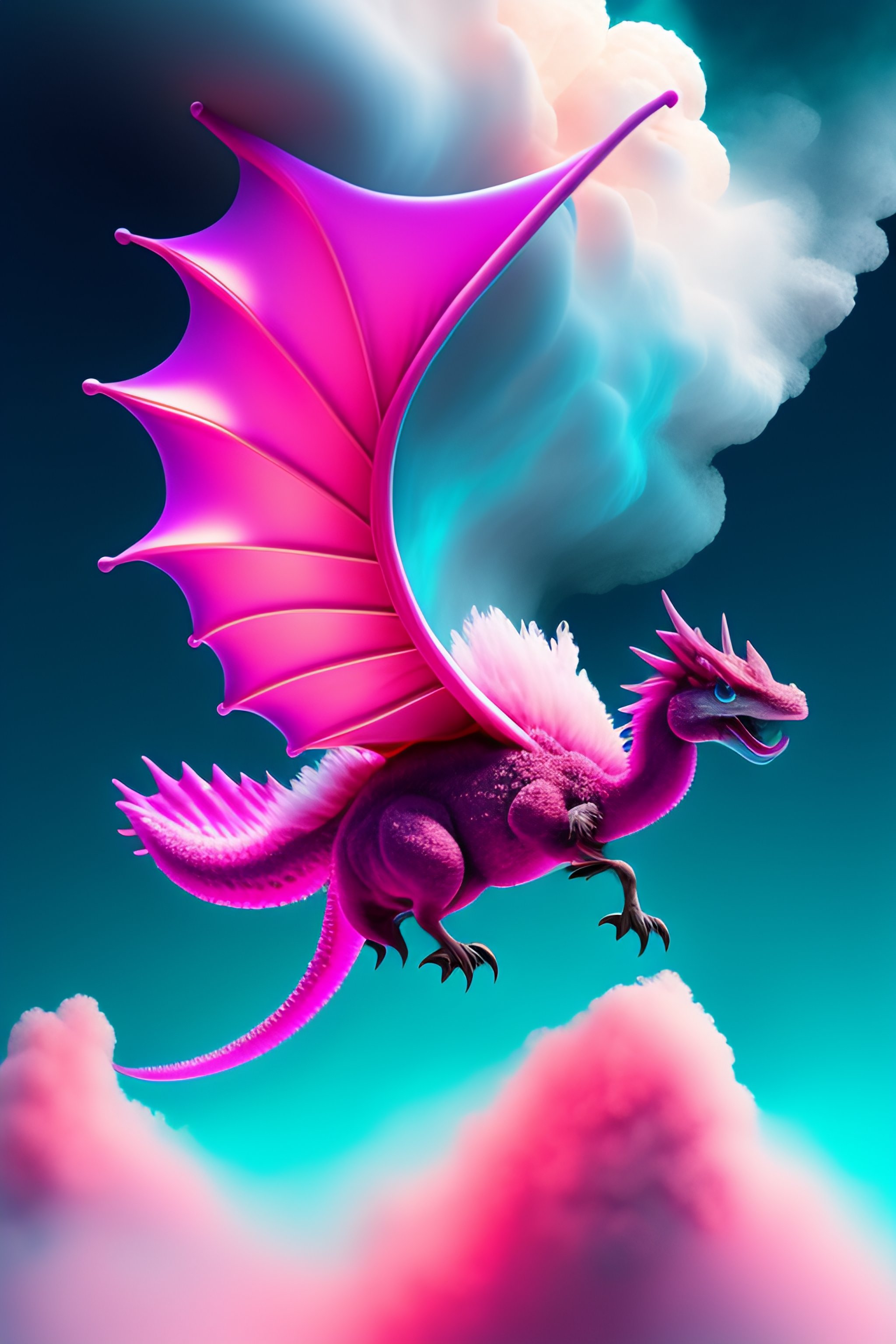 Lexica - Fluffy pink water dragon flying over a volcano