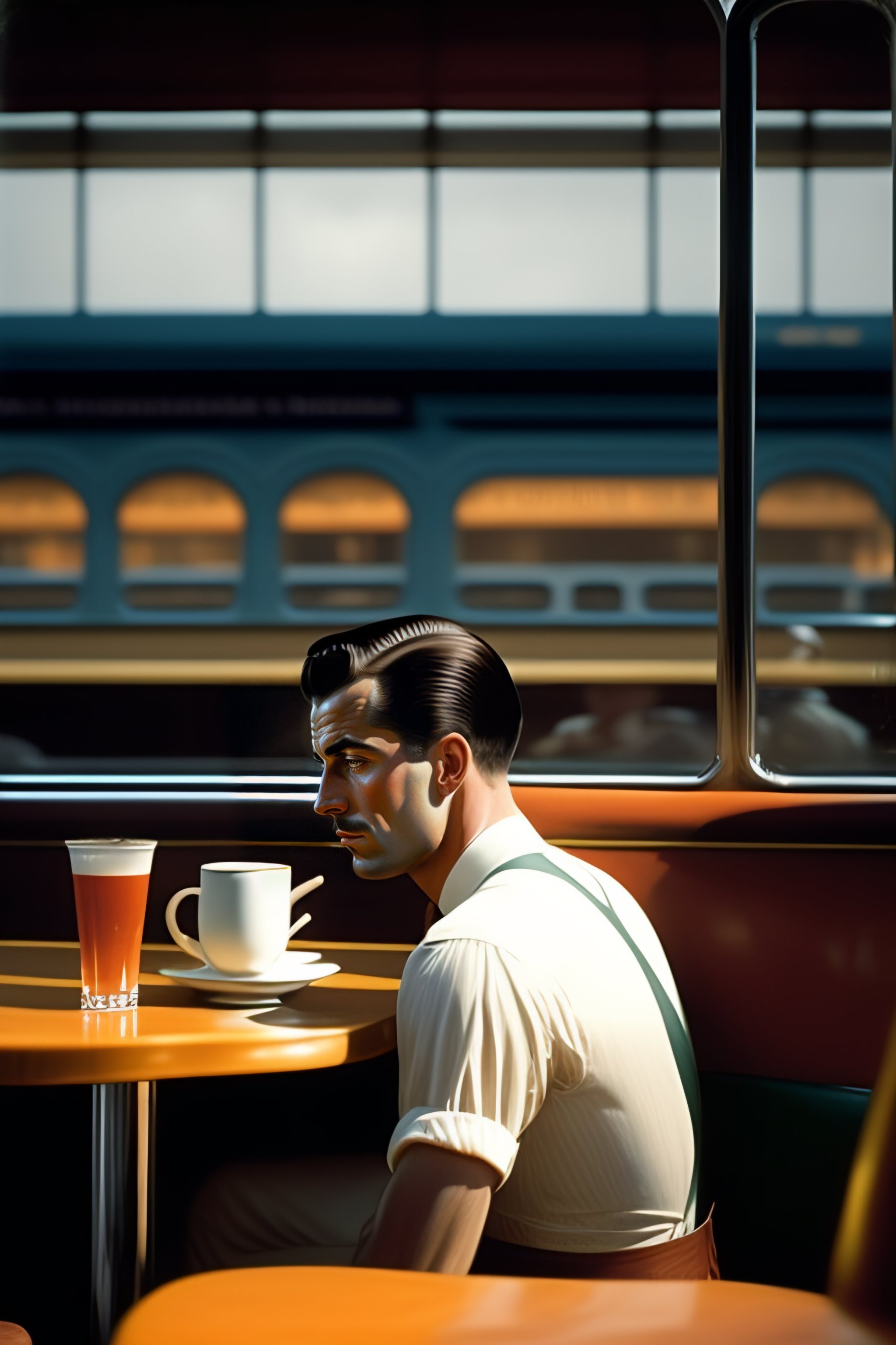 Lexica - Man drinking coffee, alone in a diner, 1930's, by Edward Hopper