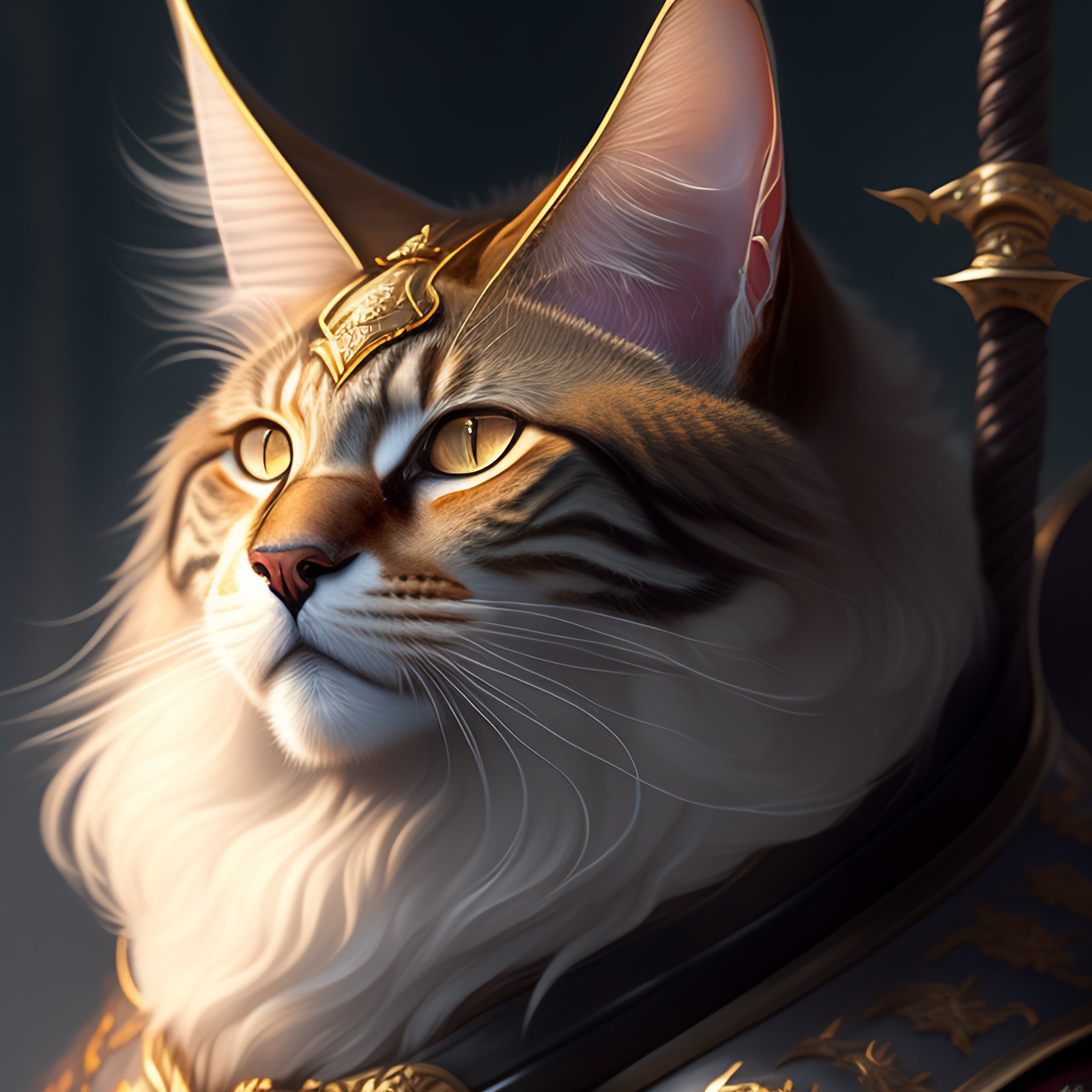 Lexica - A detailed portrait of mainecoon cat in armor with long magic ...