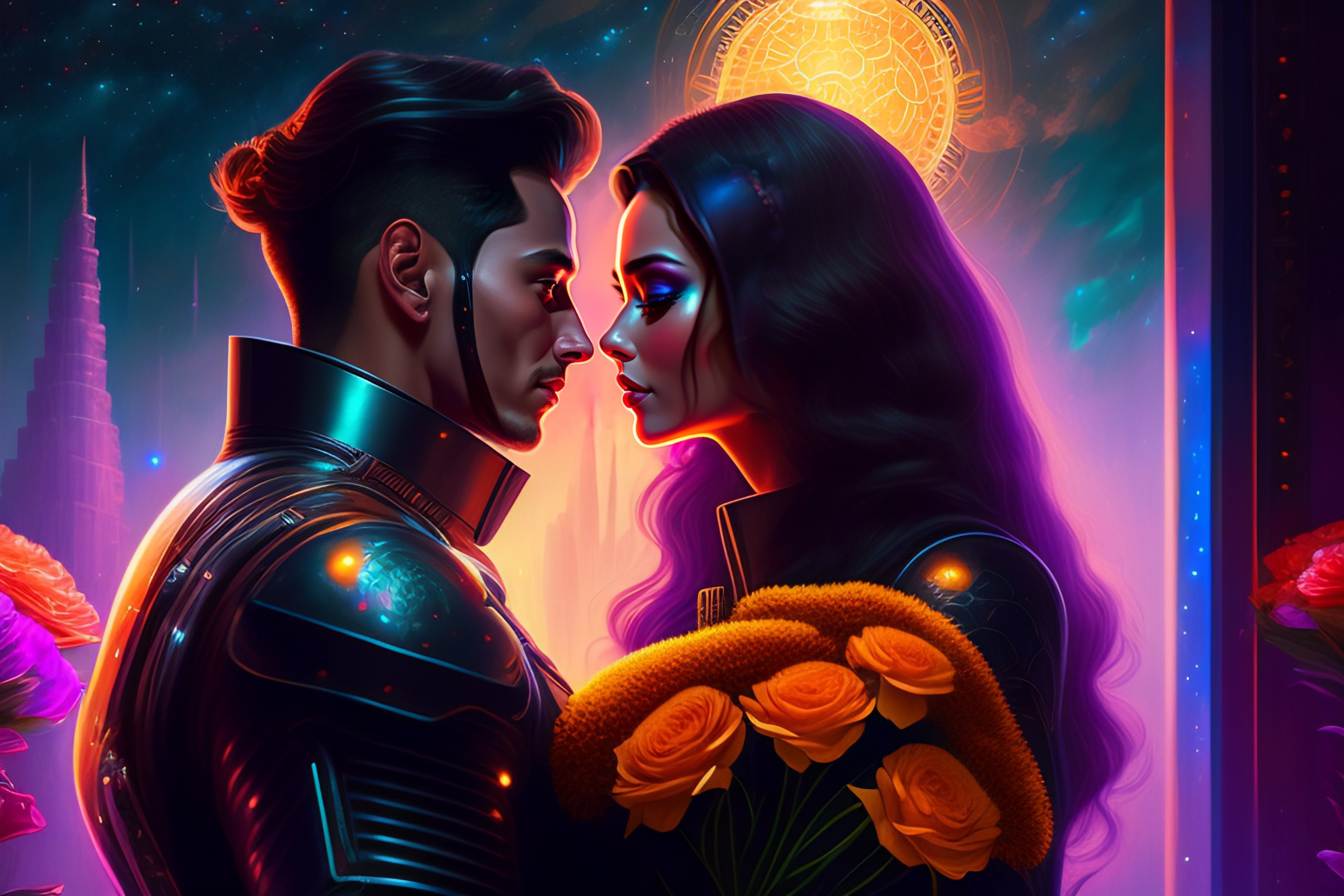 Lexica - An android man gives a bouquet of flowers to a beautiful human ...