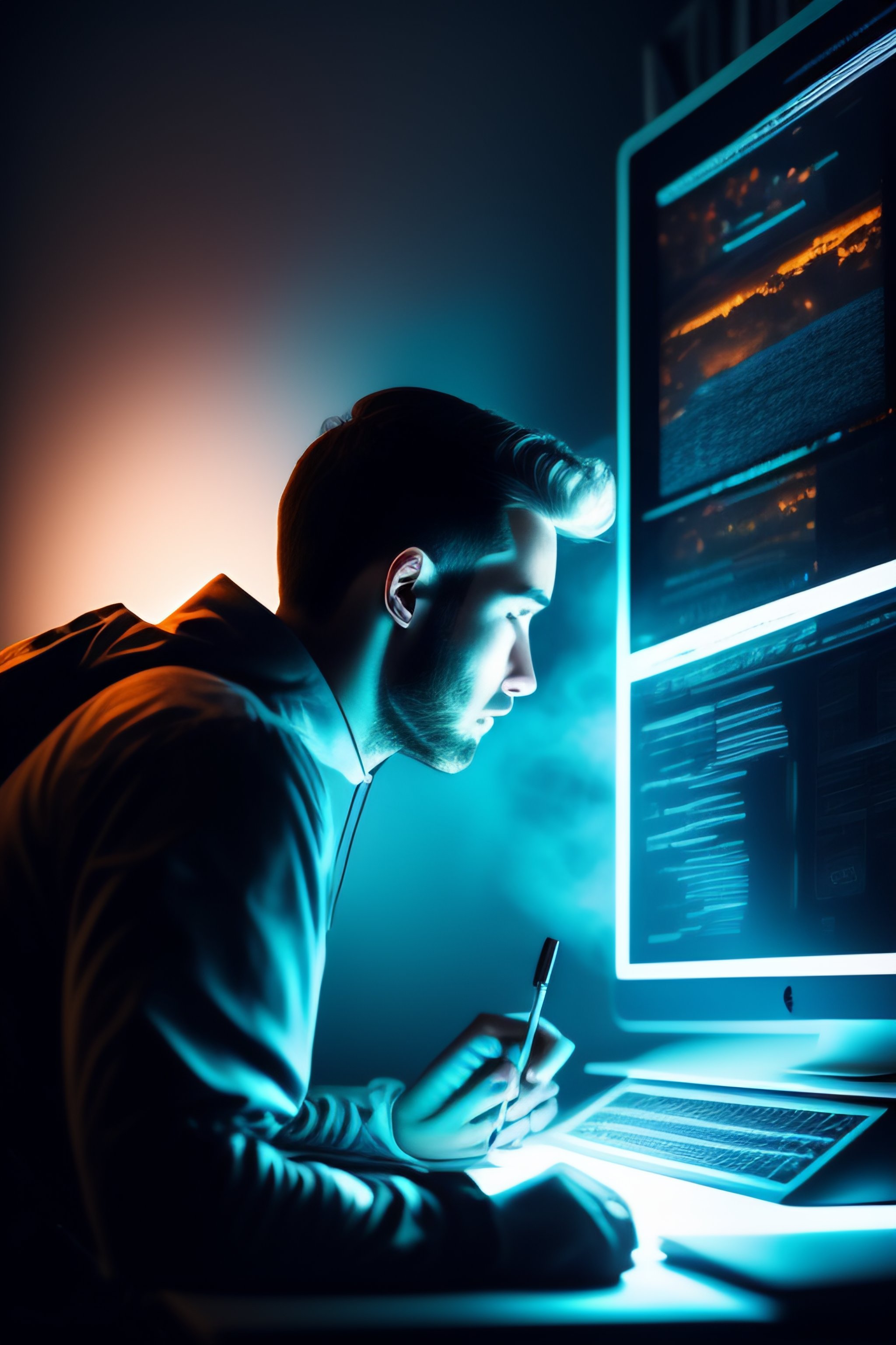 Lexica - A man doing web design in dark room with super power or ...