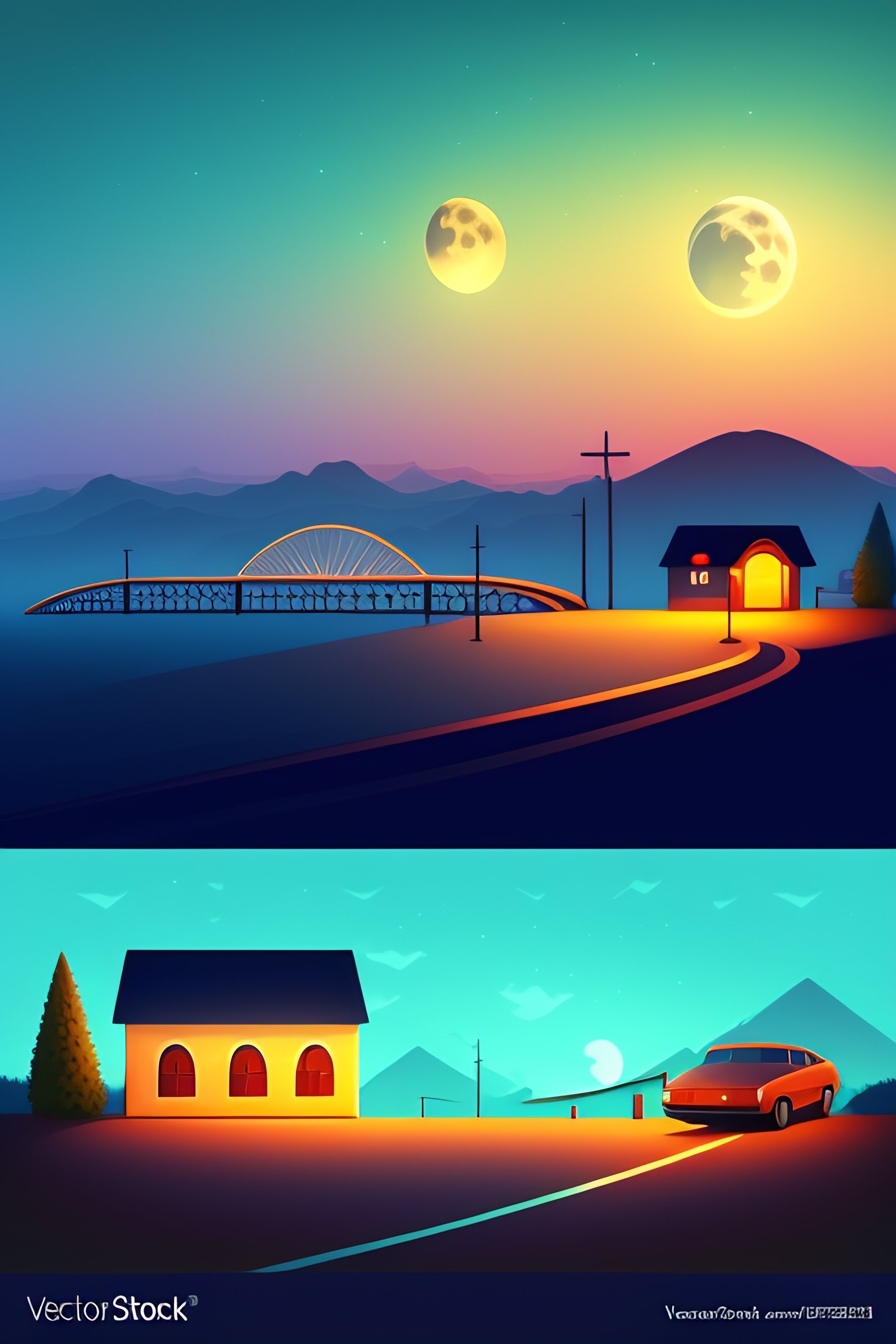 Lexica - 2d game scenery with 2d vector building, night, moon, cars ...