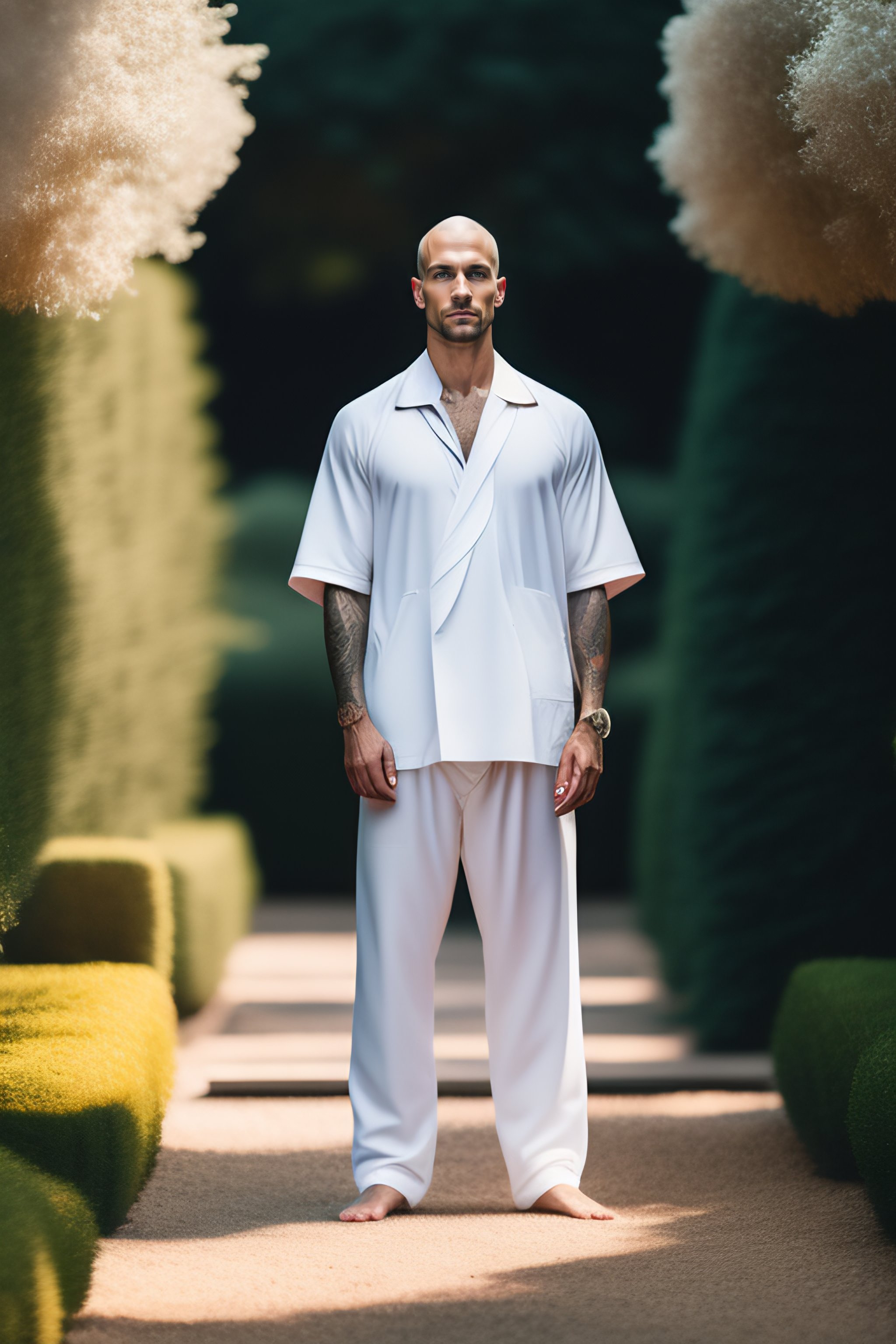 Lexica - White bald man standing yoga pose in a garden, ultra hd ...