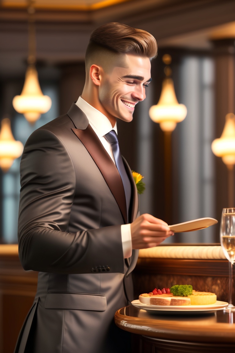 Lexica - Hotel waiter serving happy customer at hotel reception , sharp image, professional