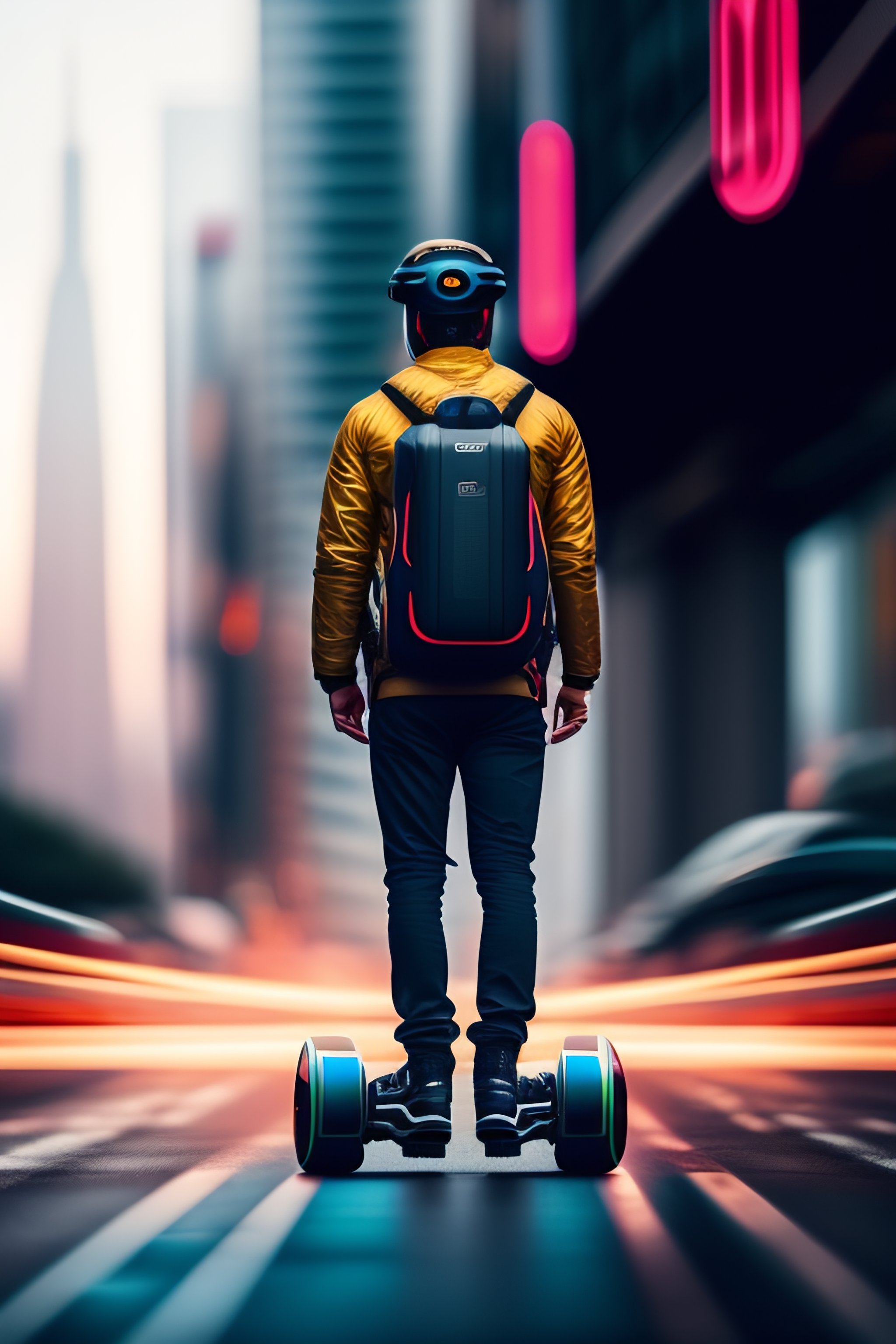 Lexica - A human on a hover board in a futuristic city from far zooming ...